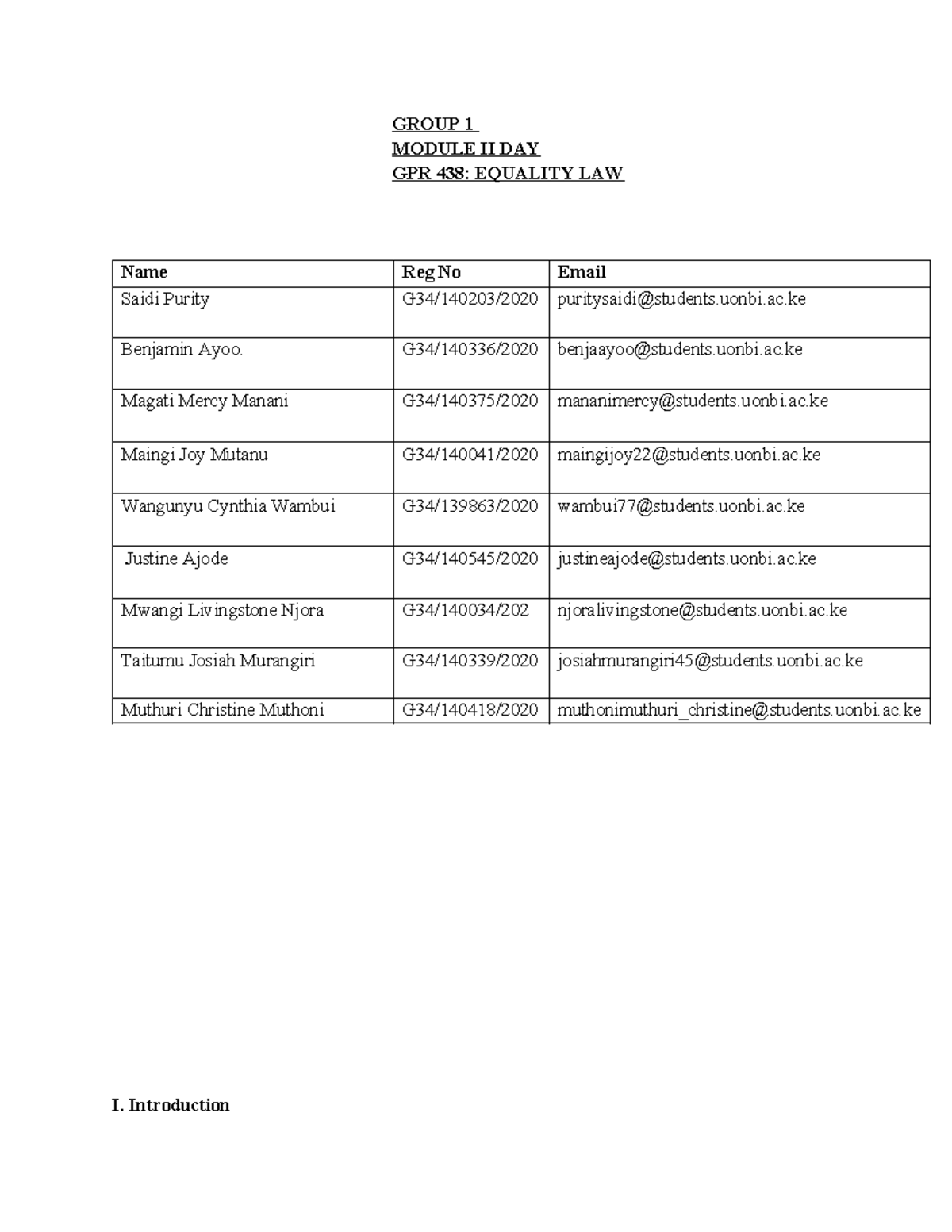 Equality LAW Document ONE - GROUP 1 MODULE II DAY GPR 438: EQUALITY LAW ...