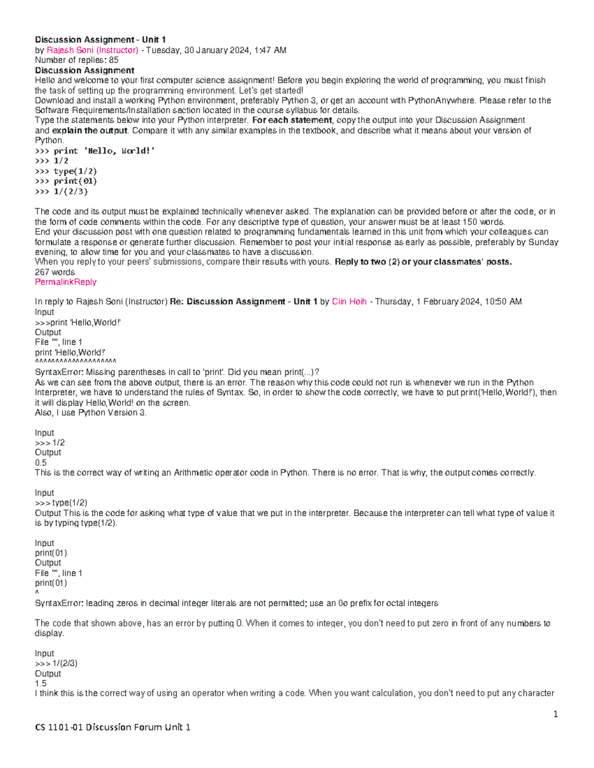 Uo P CS 1101-01 Discussion Forum Unit 1 Assignment - 1 Discussion Assignment - Unit 1 by Rajesh ...