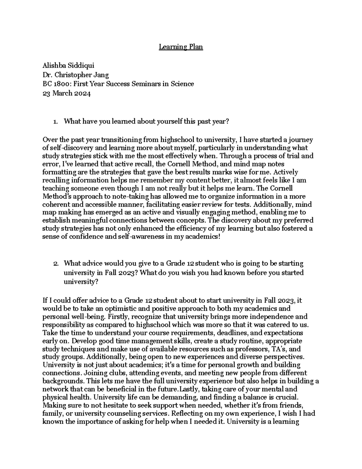 Learning Plan 3 - Learning Plan Alishba Siddiqui Dr. Christopher Jang ...