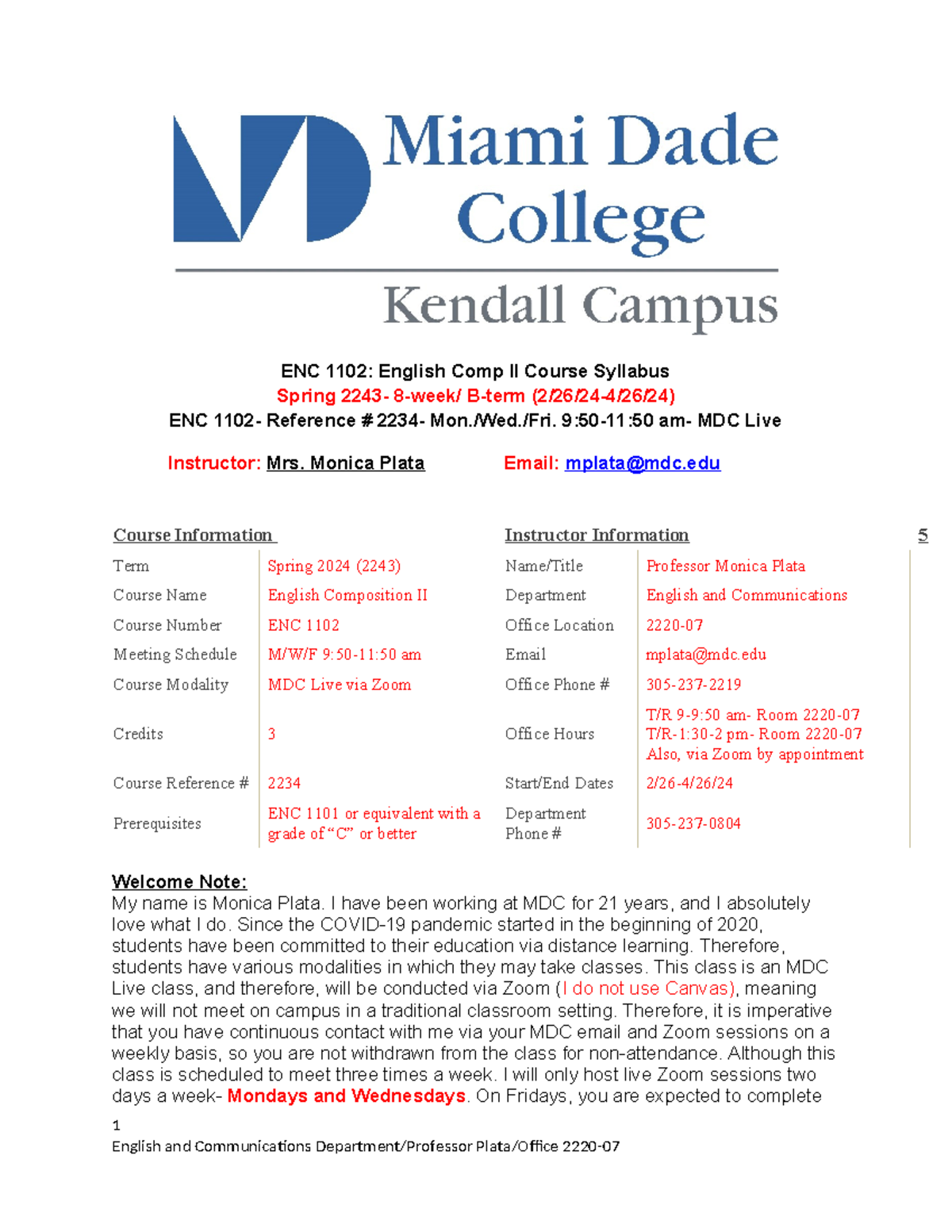 Plata Spring 2024 ENC 1102 8wk Syllabus - ENC 1102: English Comp II ...