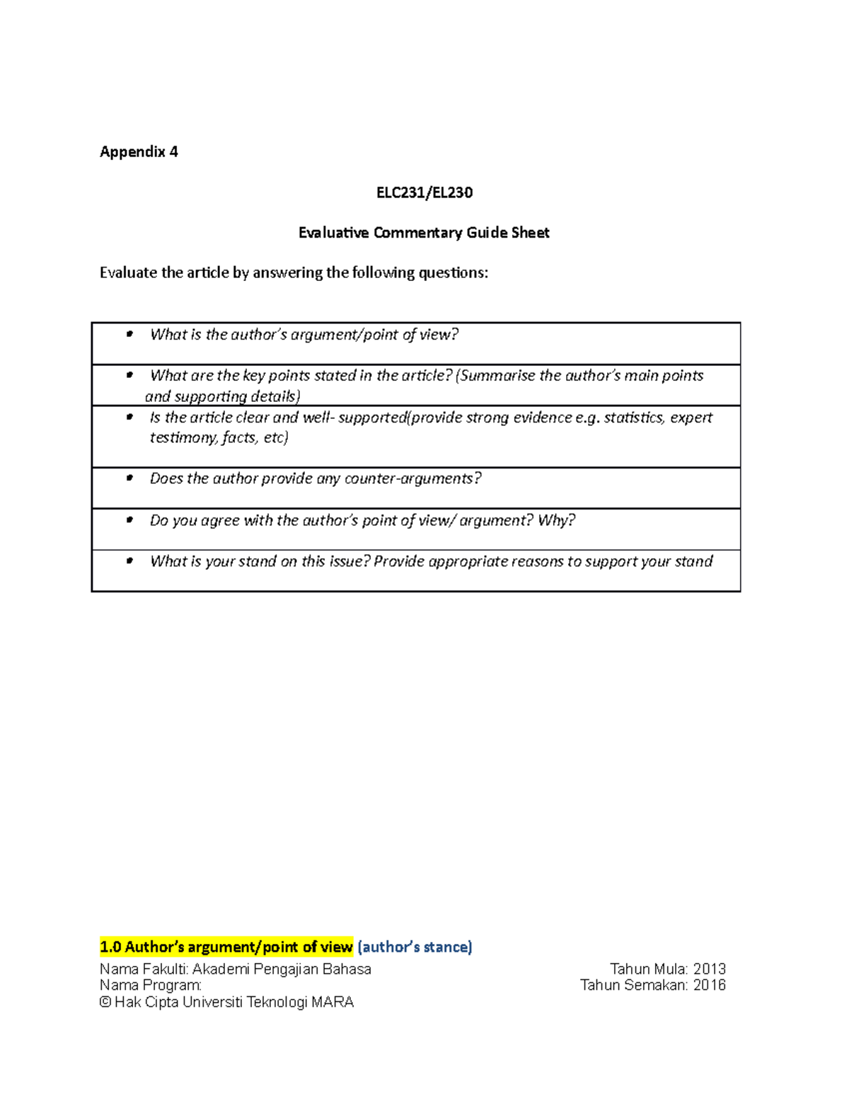 ELC231 Evaluative Commentary Guide Sheet Appendix 6 - Appendix 4 ELC231/EL Evaluative Commentary ...