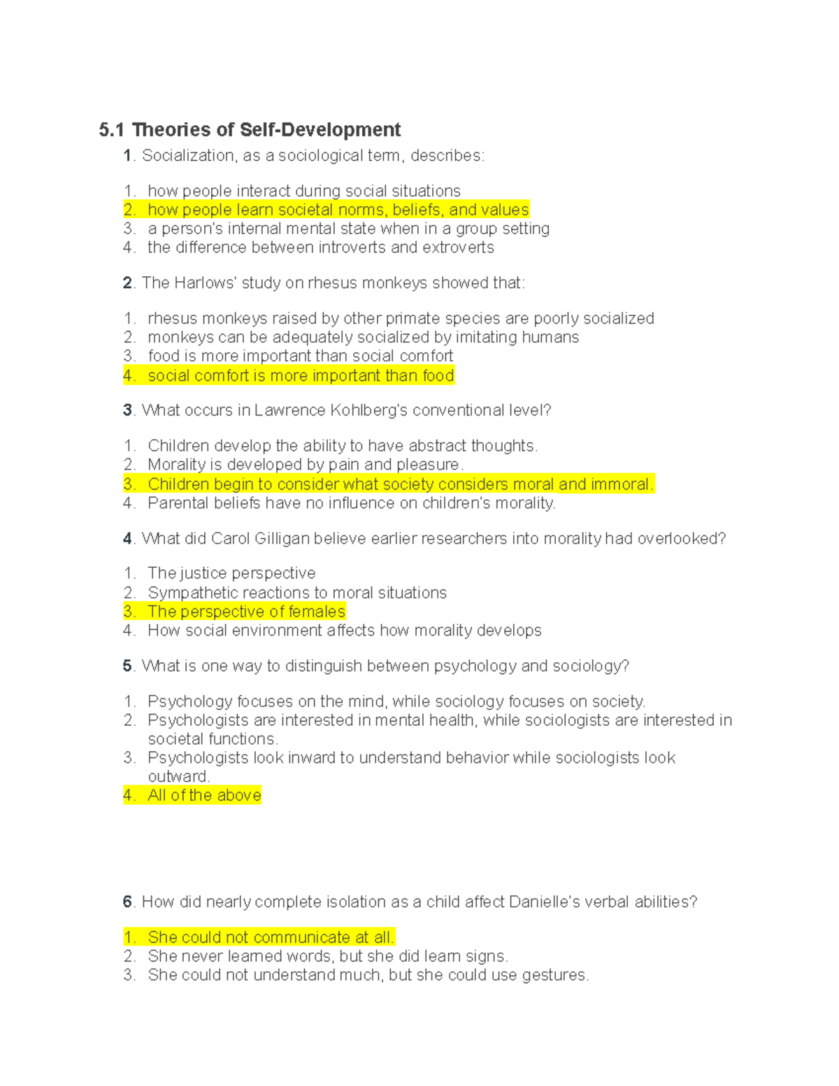 Chapter 5 Study Guide Quiz (With Answers) - 5 Theories of Self ...
