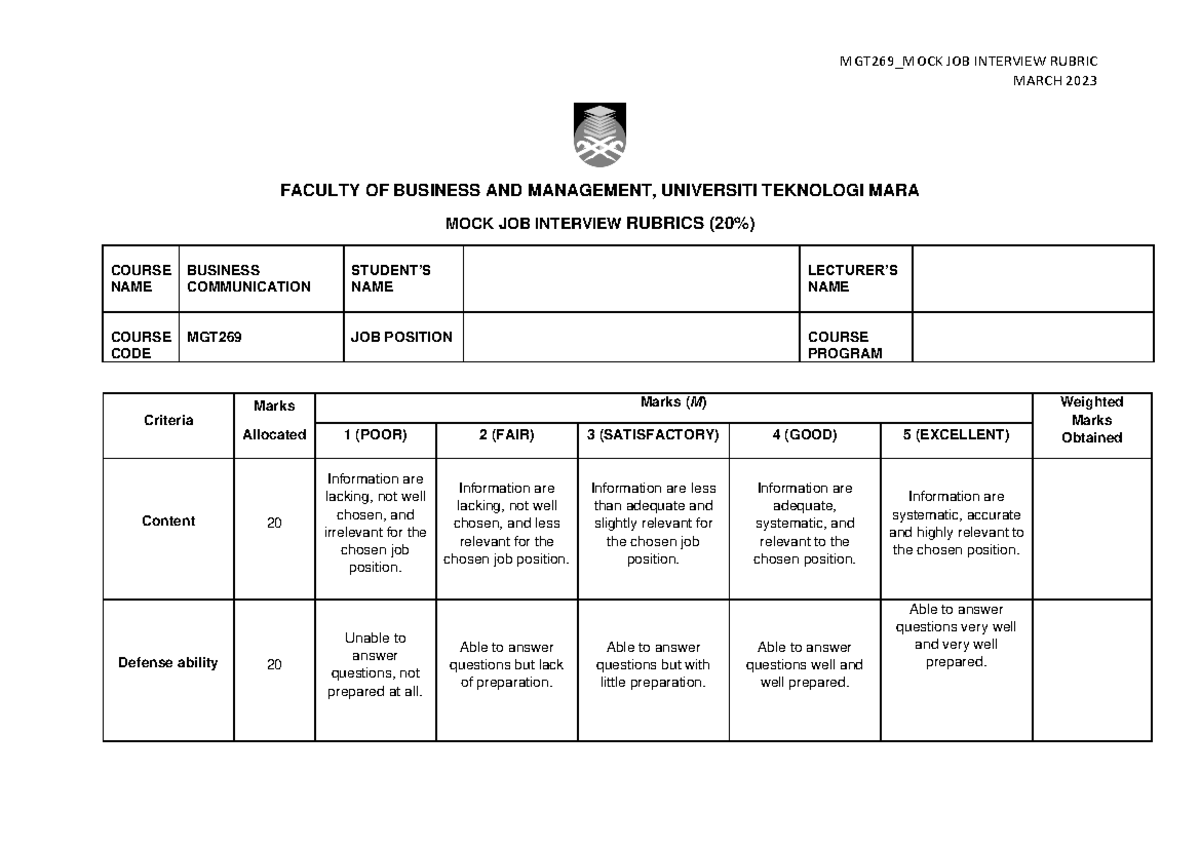 rubric video assignment mgt269 - MGT269_MOCK JOB INTERVIEW RUBRIC MARCH 2023 FACULTY OF BUSINESS ...