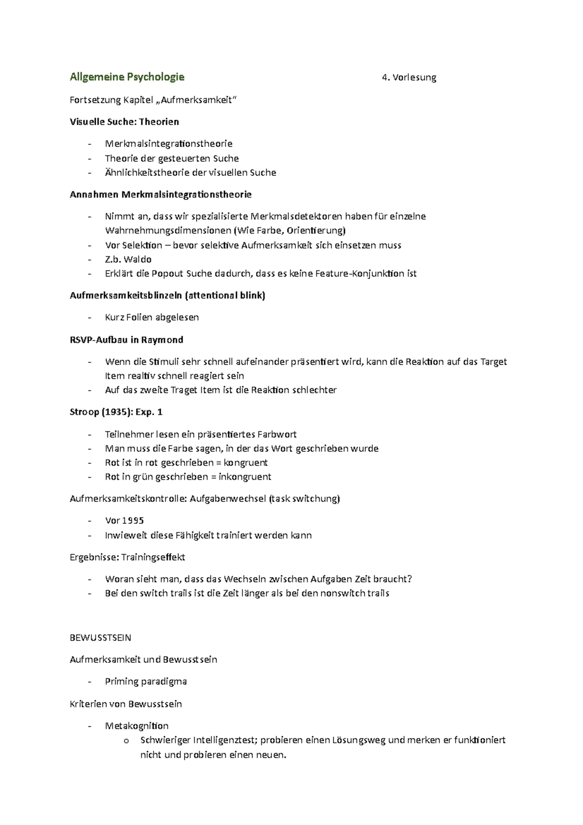 4 Vorlesung Allgemeine Psychologie - Allgemeine Psychologie 4. Vorlesung Fortsetzung Kapitel ...