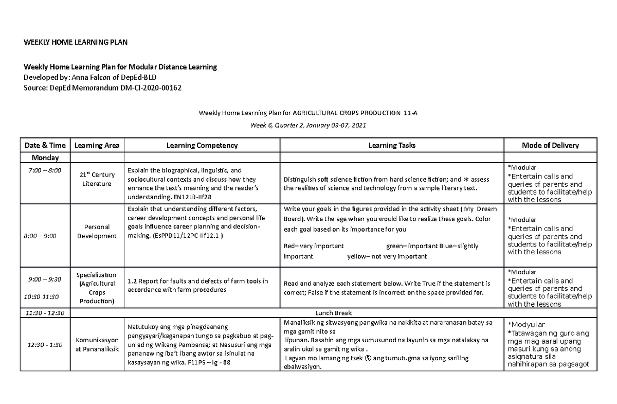 JACQ WHLP-6 - BSXBN SXX - WEEKLY HOME LEARNING PLAN Weekly Home ...