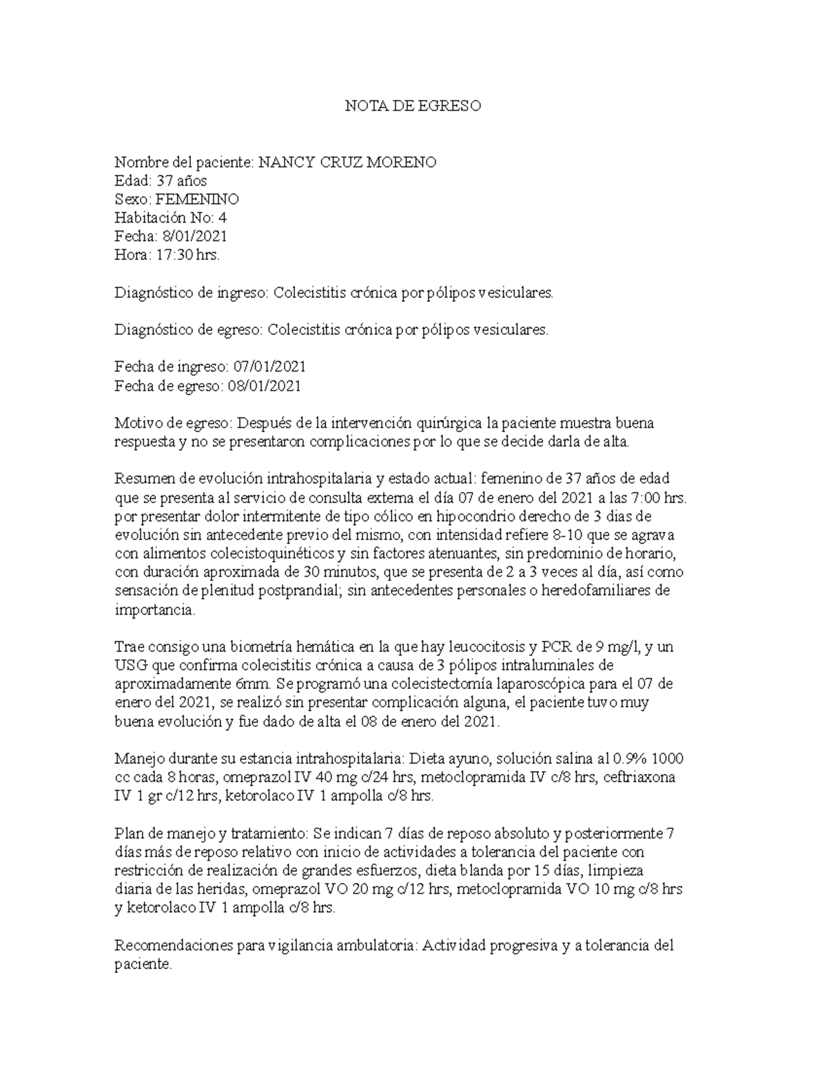 NOTA DE Egreso - Apuntes 1 - NOTA DE EGRESO Nombre del paciente: NANCY ...