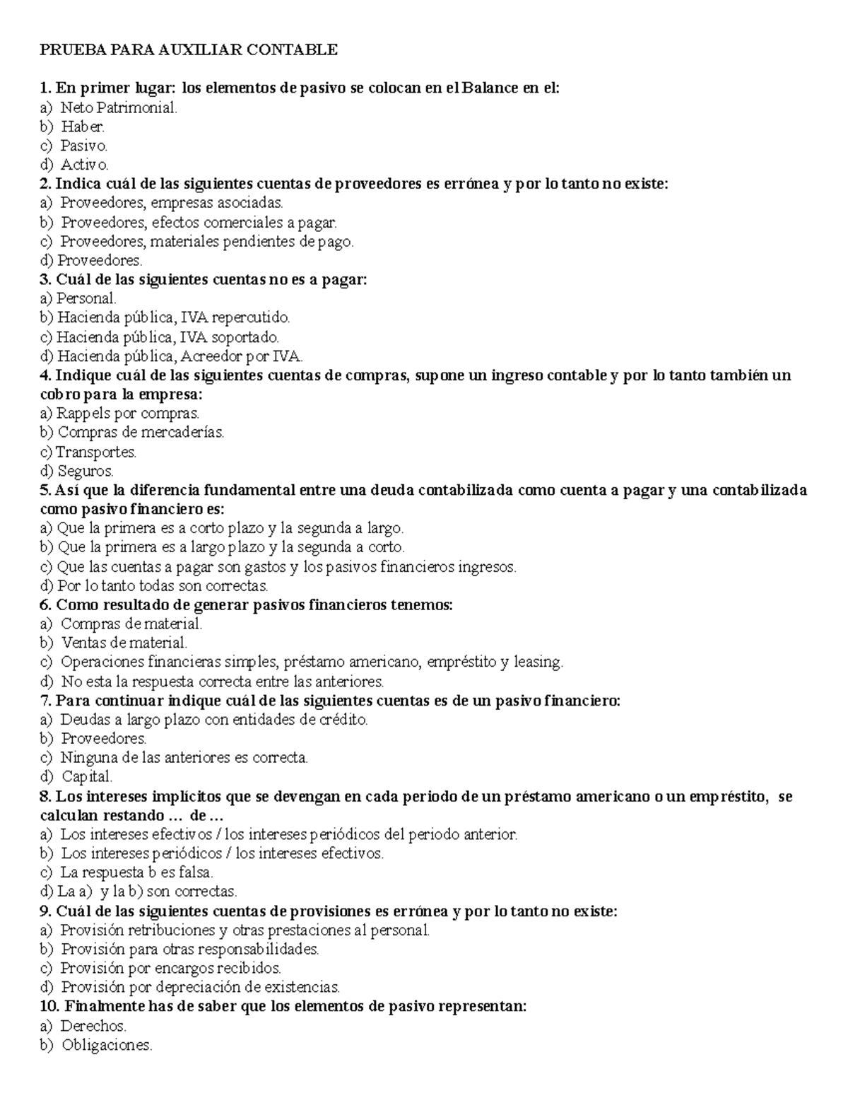 Prueba PARA Auxiliar Contable - PRUEBA PARA AUXILIAR CONTABLE En primer ...