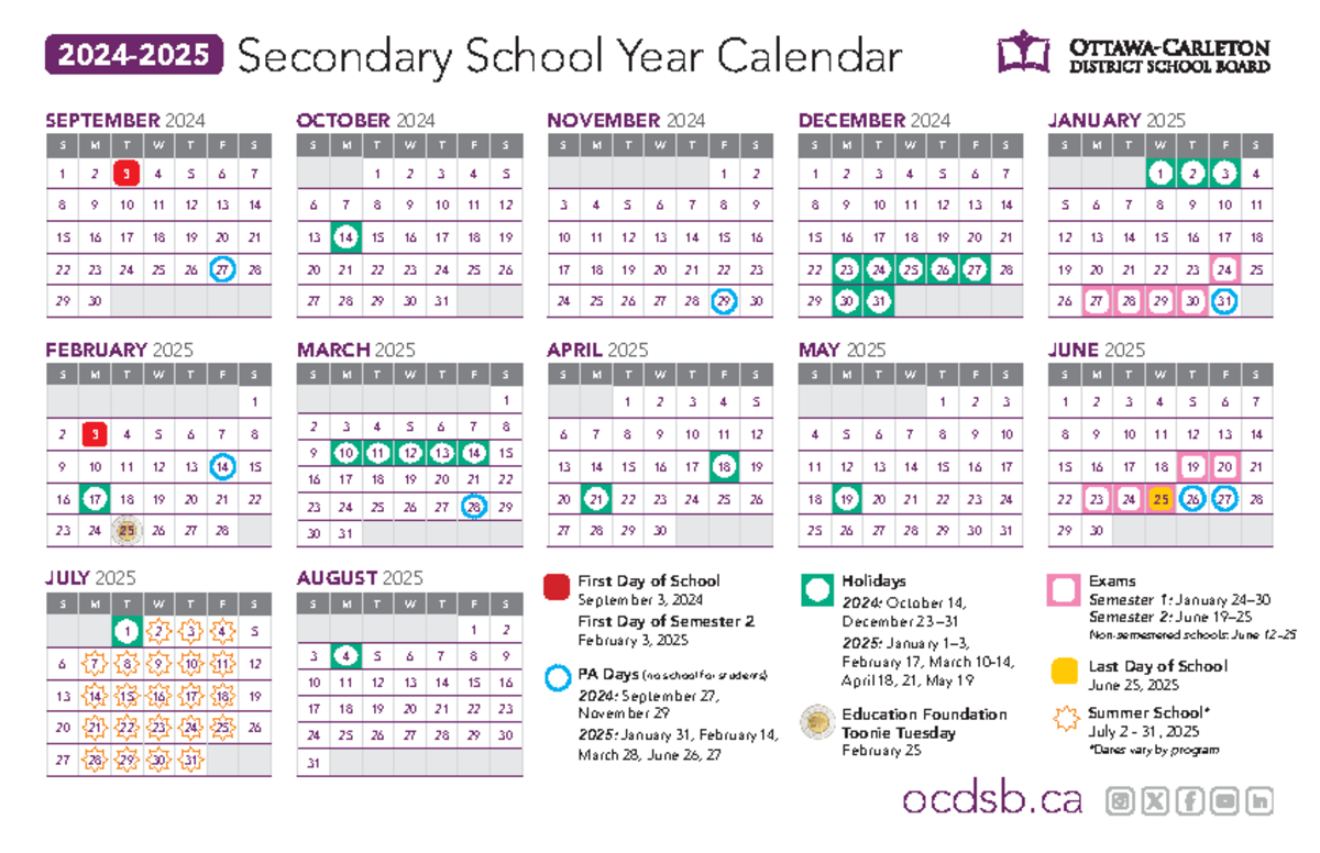 2024-2025 Secondary School Year Calendar - S M T W T F S 2024-2025 ...