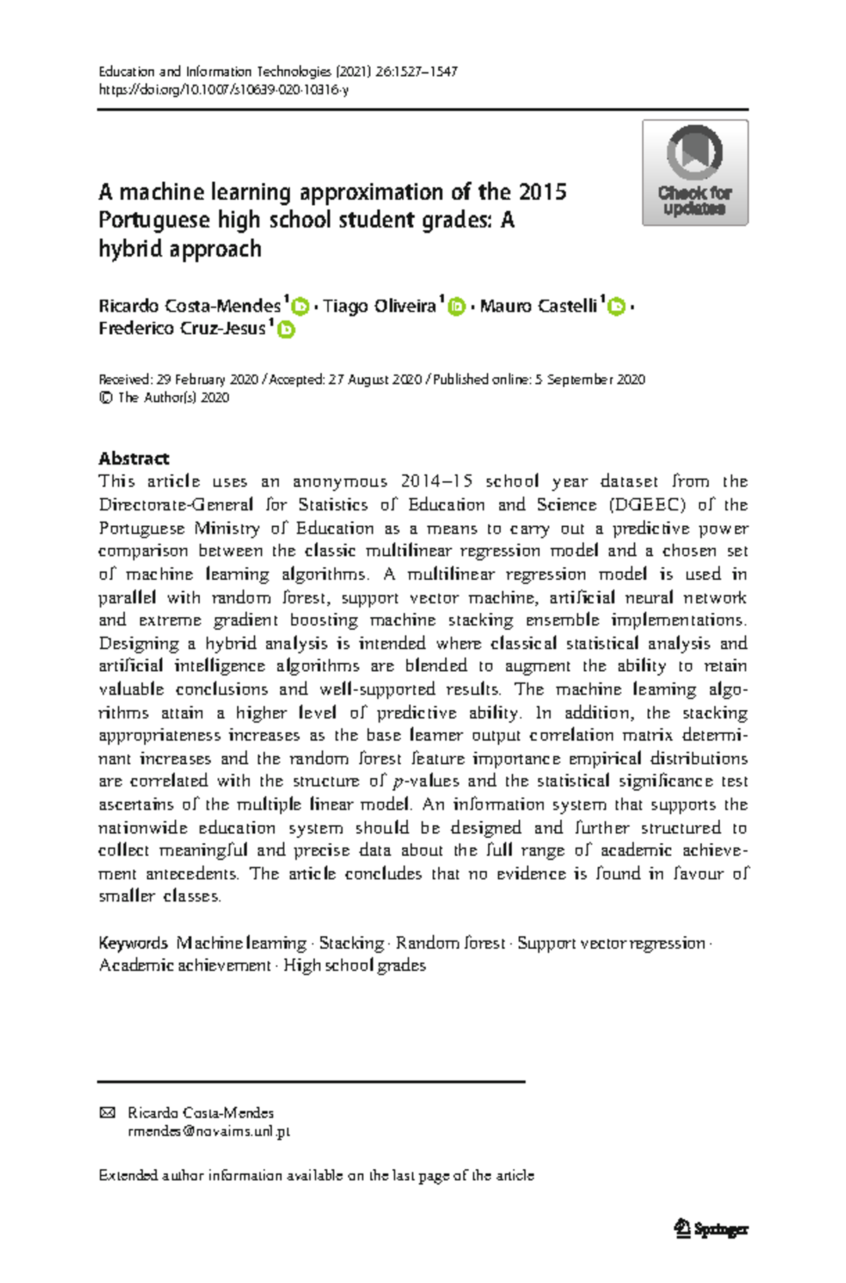 A machine learning approximation of the 2015 - A multilinear regression ...