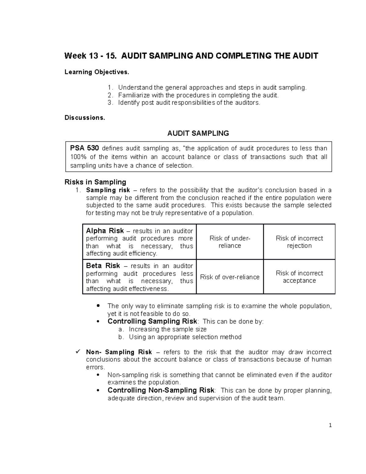 Acctg 11 - Audit Sampling WEEK 13 TO WEEK 15 - Week 13 - 15. AUDIT ...