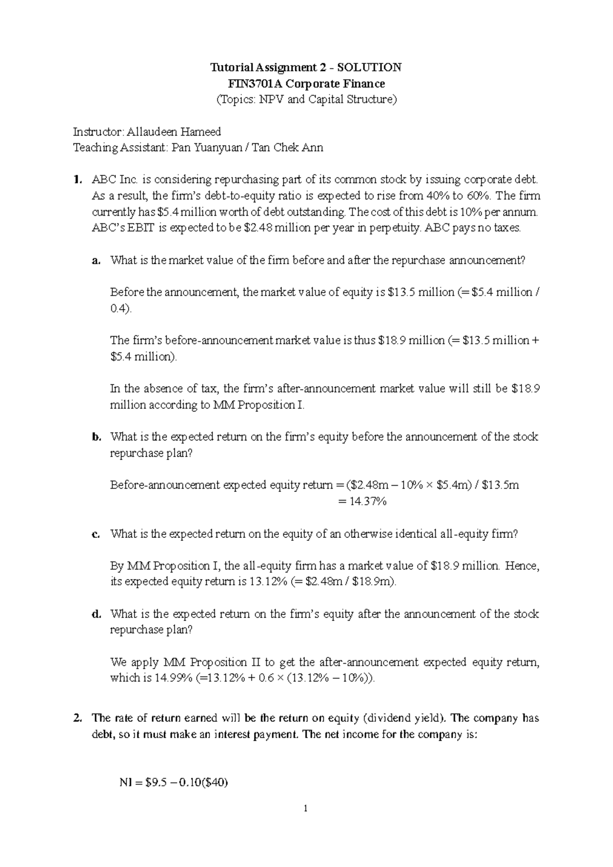 finance tutorial submission - Tutorial Assignment 2 - SOLUTION FIN3 701 A Corporate Finance ...