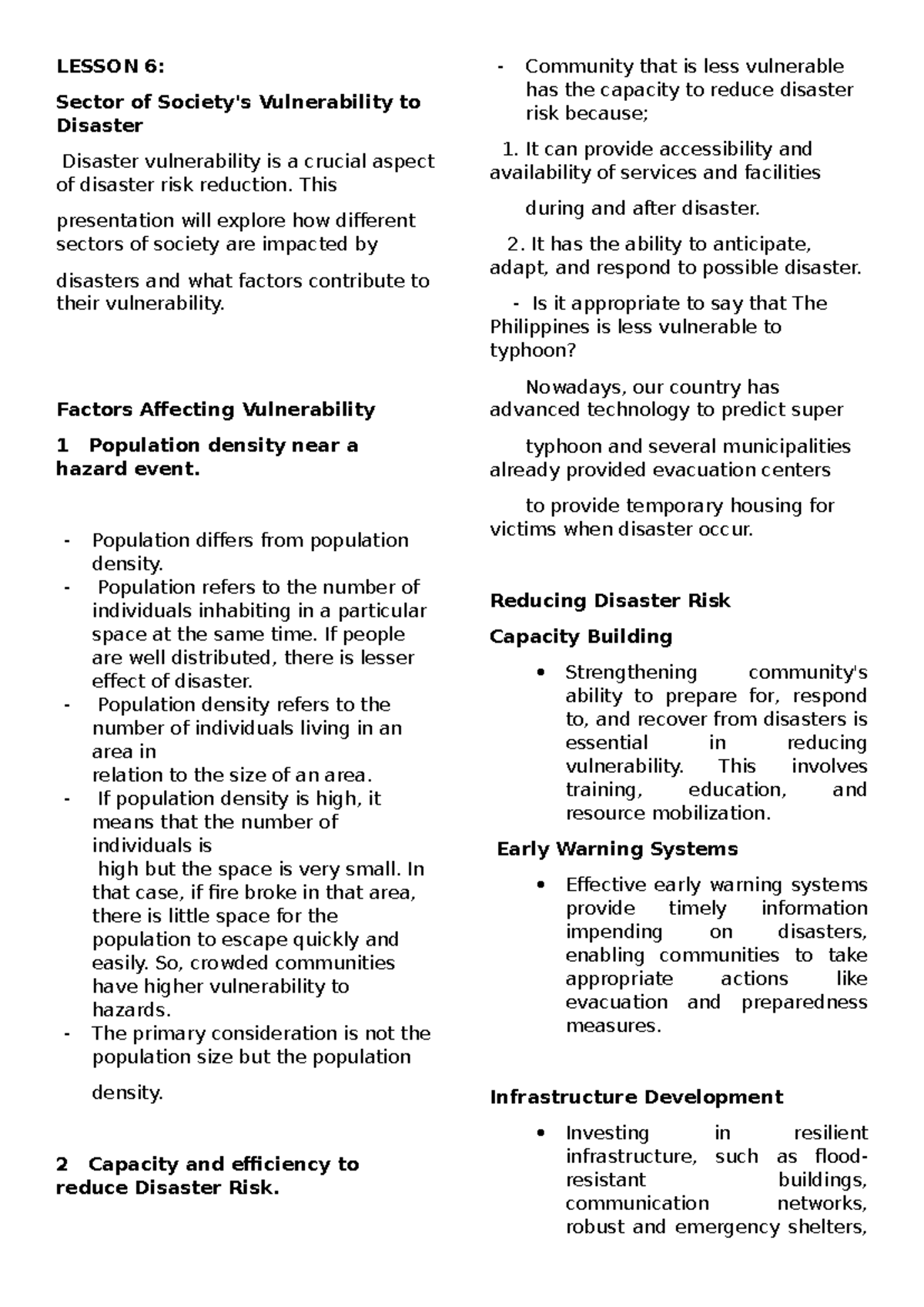 Drr reviwer - Reviewer notes - LESSON 6: Sector of Society's ...