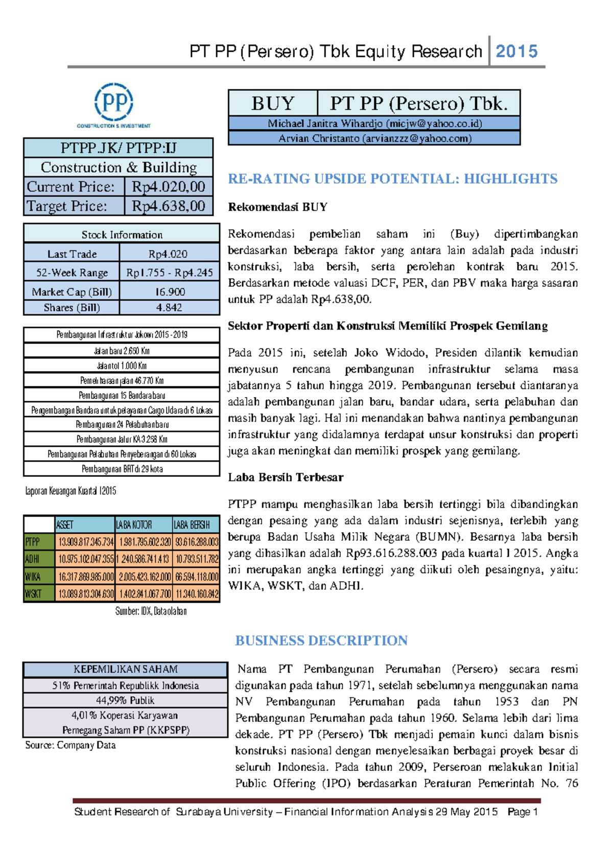 PT Pembangunan Perumahan PP Persero EQUI - BUY PT PP (Persero) Tbk. Michael Janitra Wihardjo ...