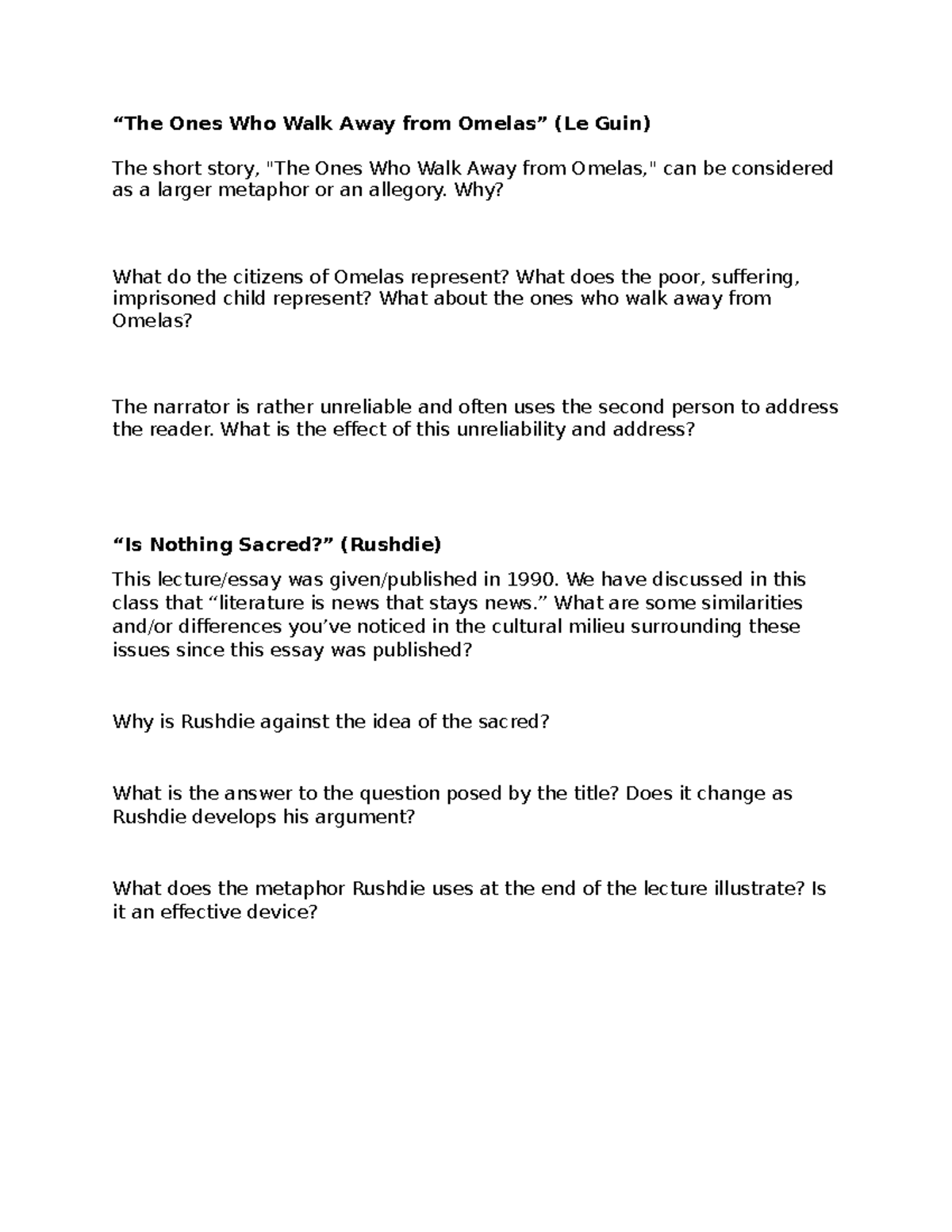 Week 8 Questions for Consideration - “The Ones Who Walk Away from ...