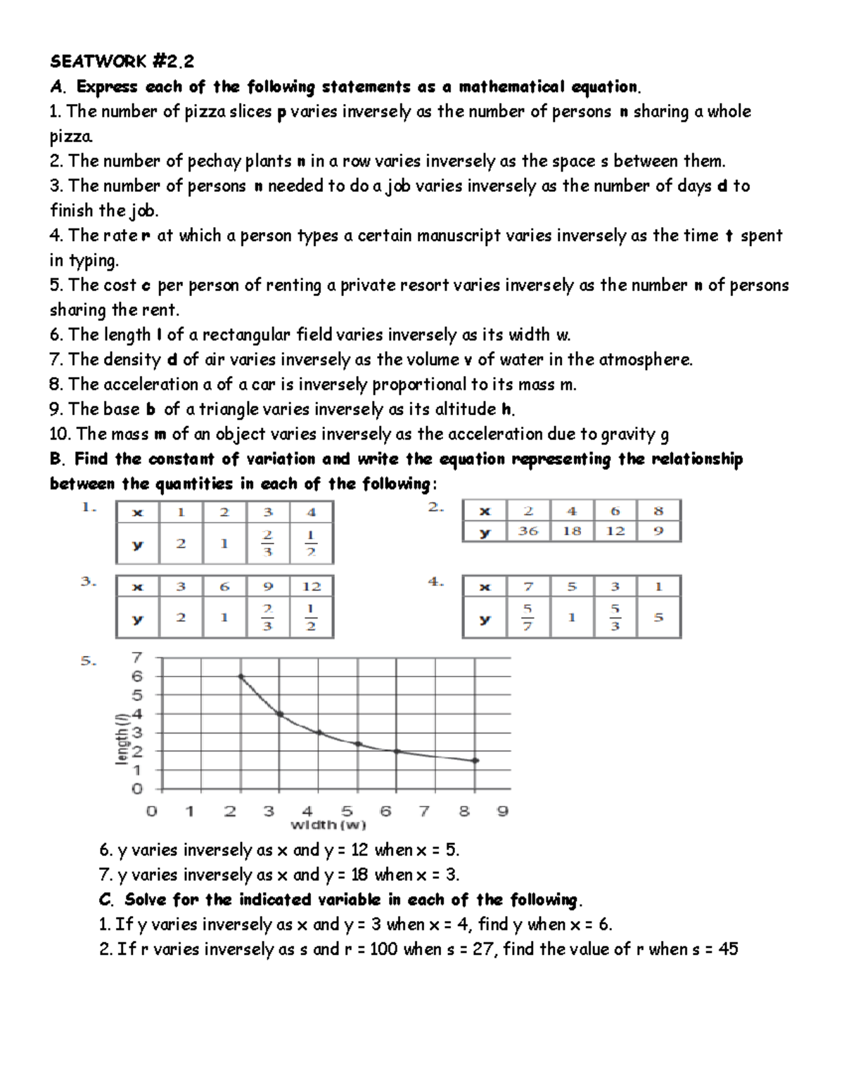 Seatwork 2 - variation activities - SEATWORK #2. A. Express each of the following statements as ...