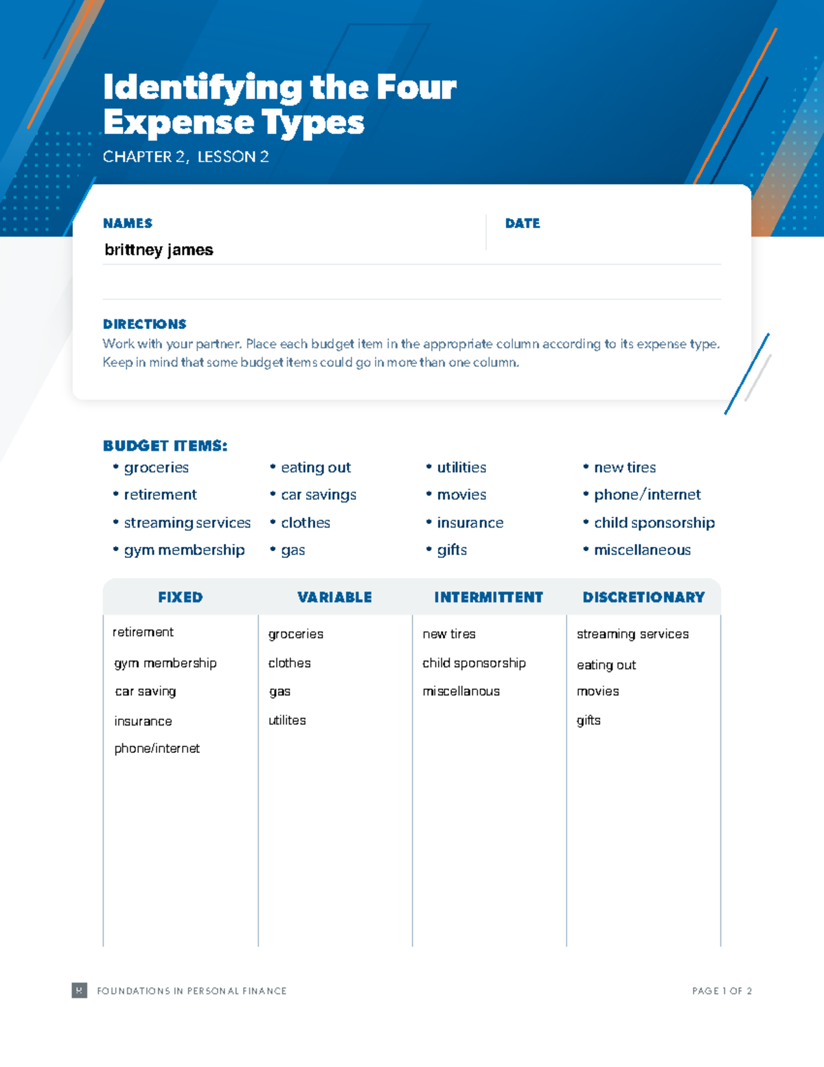 Financial Literacy #2 - guide - Identifying the Four Expense Types ...