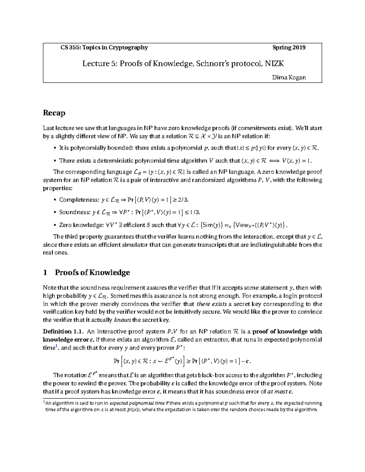 Lec5 - lecture 5 - CS 355: Topics in Cryptography Spring 2019 Lecture 5: Proofs of Knowledge ...