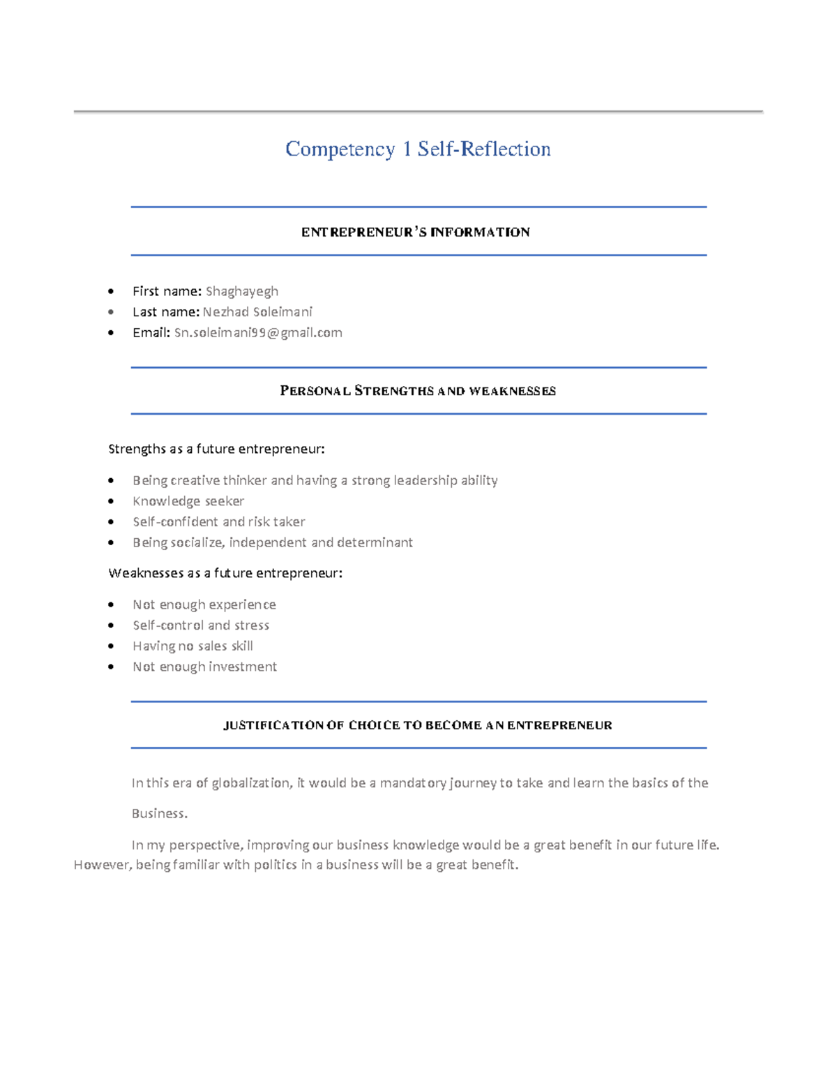 Business 1 - Competency 1 Self-Reflection ENTREPRENEUR’S INFORMATION ...