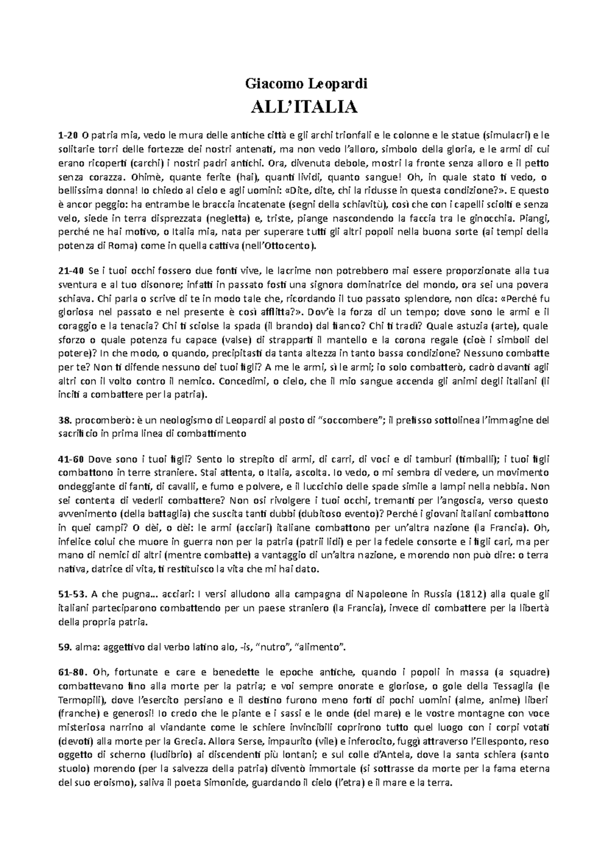 Leopardi, canti - Giacomo Leopardi ALL’ITALIA 1-20 O patria mia, vedo ...