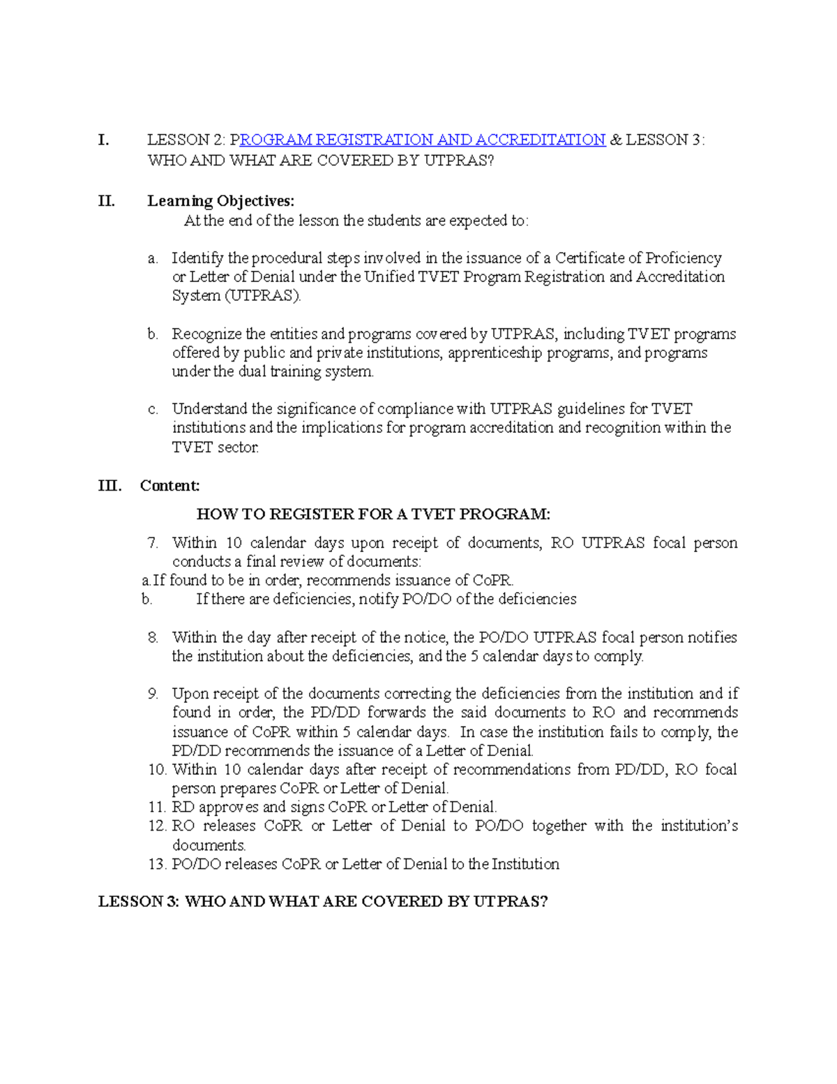 Written report - Copy - I. LESSON 2: PROGRAM REGISTRATION AND ...