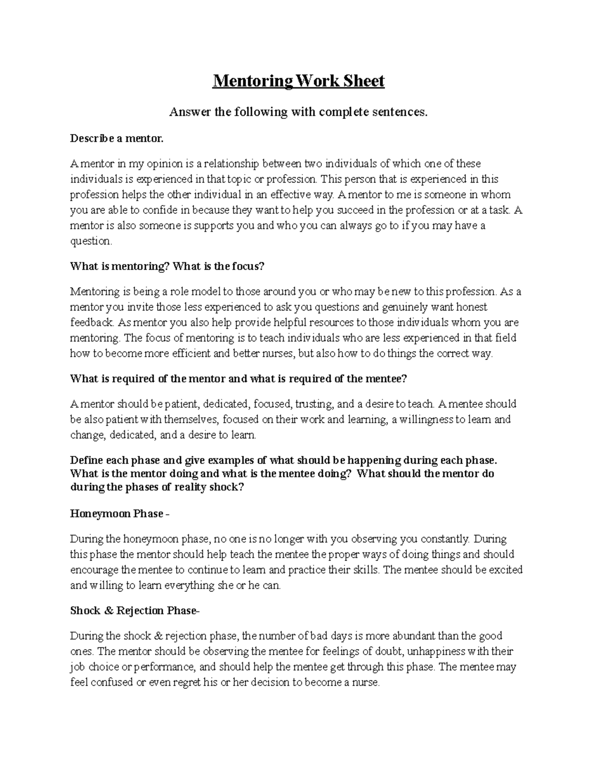 Mentoring Worksheet Assignment - Mentoring Work Sheet Answer the ...