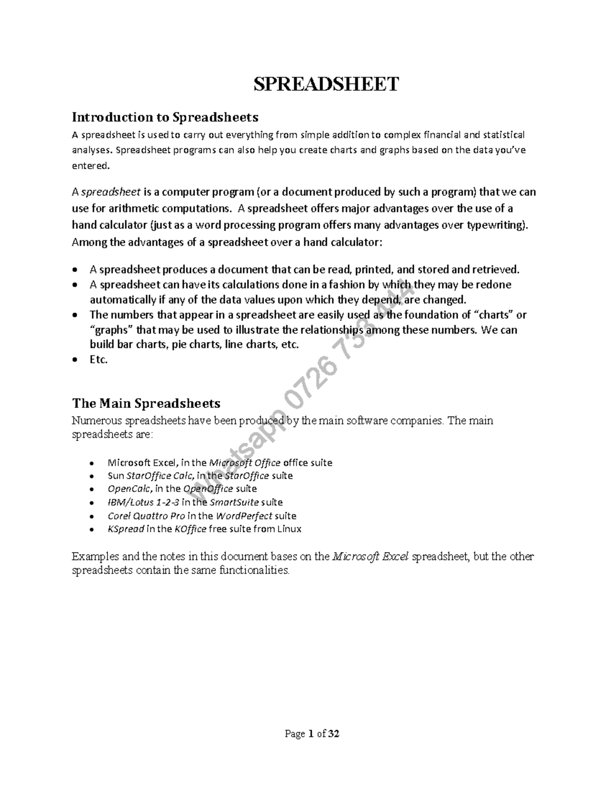 ICT II notes - excel - SPREADSHEET Introduction to Spreadsheets A ...