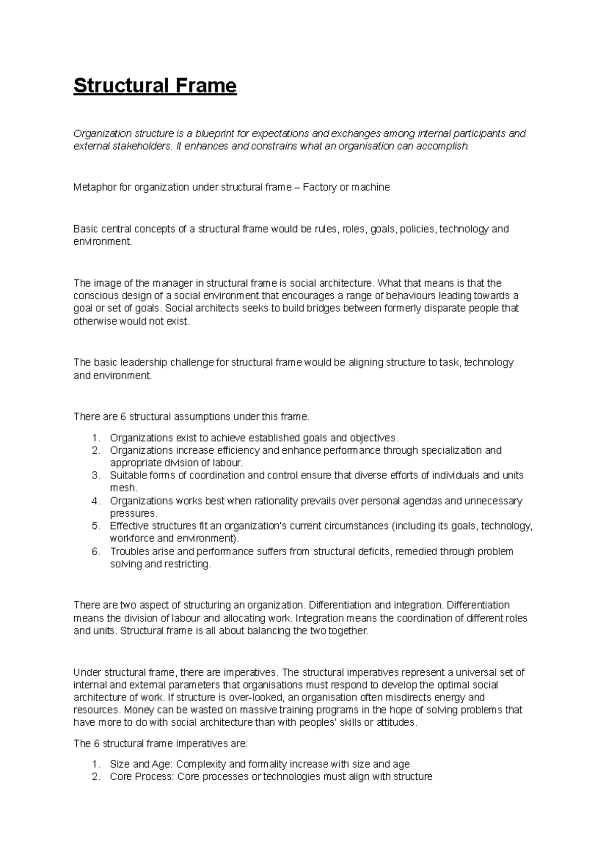 MGNT220 Summary - Structural Frame Organization structure is a ...