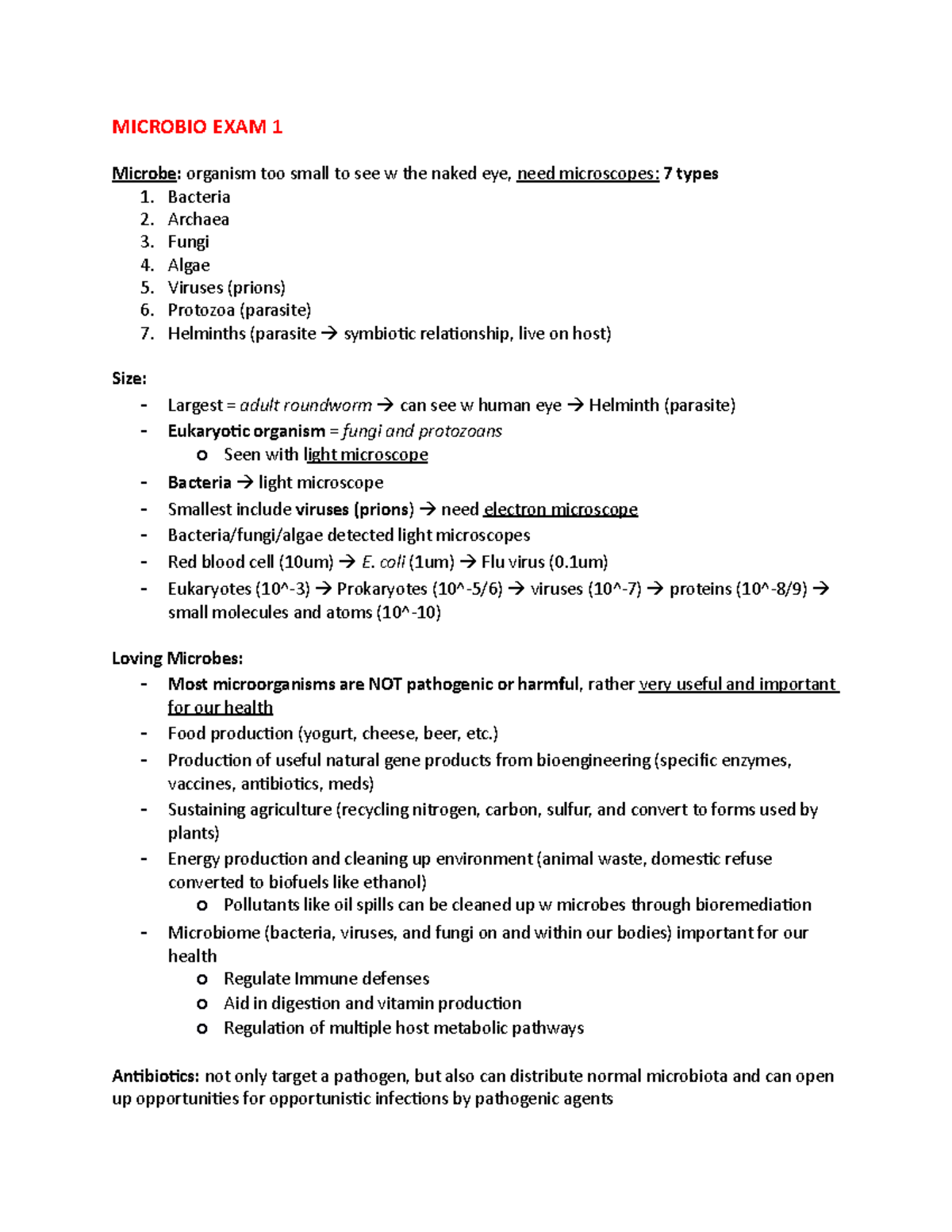 Microbio Exam 1 Notes - MICROBIO EXAM 1 Microbe: organism too small to ...