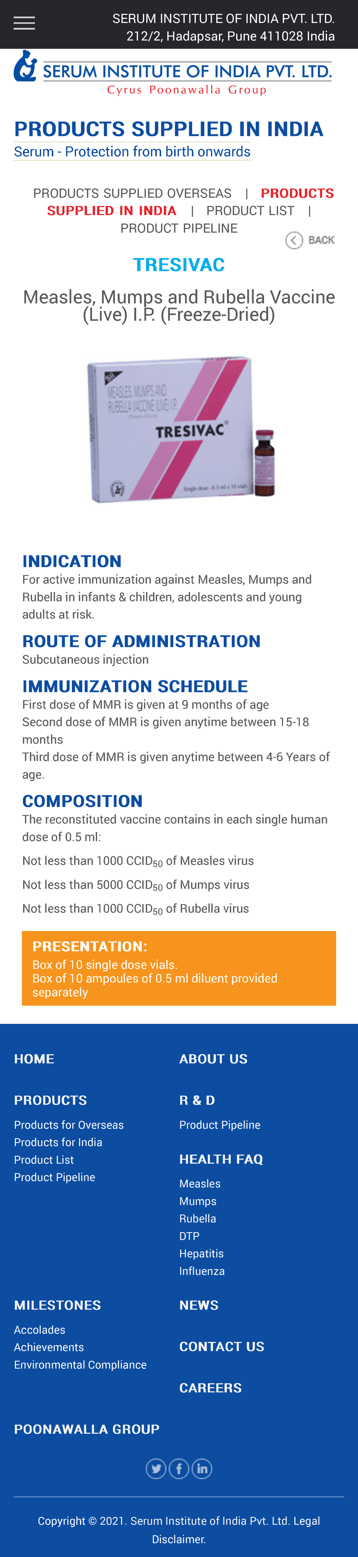 Serum Institute Of India - Tresivac - Measles, Mumps and Rubella ...