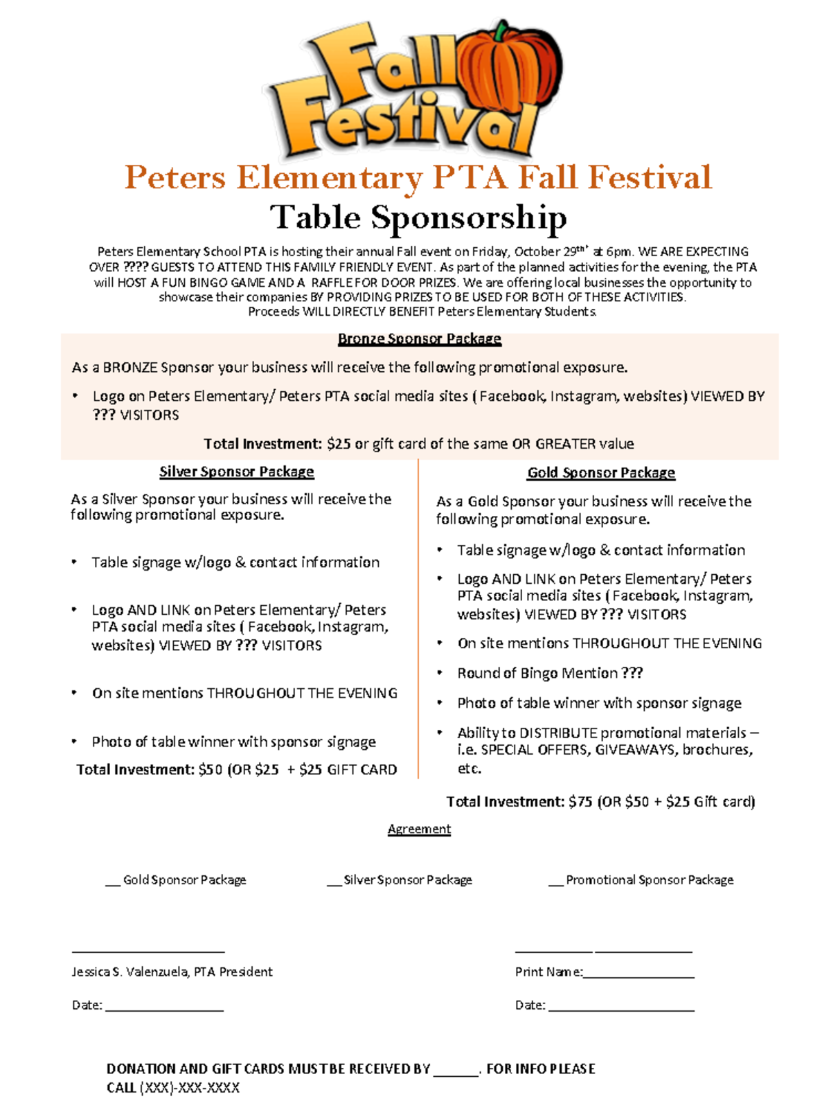 SponsorshipTemplate for Events Management - Peters Elementary PTA Fall ...