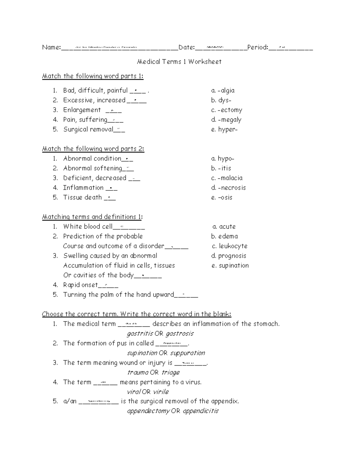 Medical Terms Homework - Name:Date:Period: Medical Terms 1 Worksheet ...