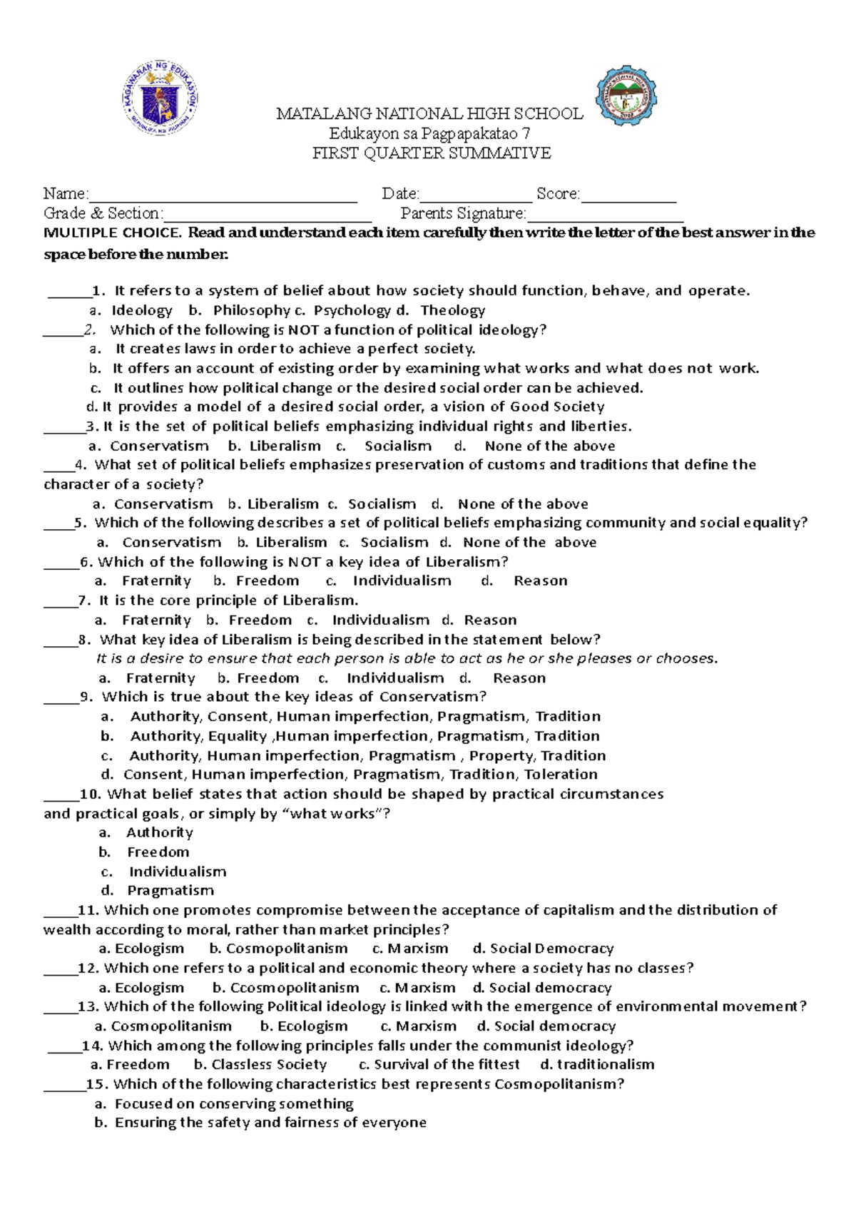 PPG summative SHS - none - MATALANG NATIONAL HIGH SCHOOL Edukayon sa ...