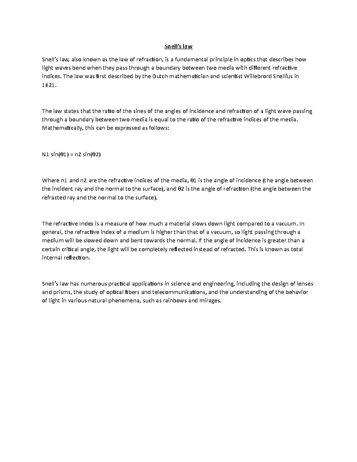 Snell’s law - Snell’s law concept in physics - Snell’s law Snell’s law ...