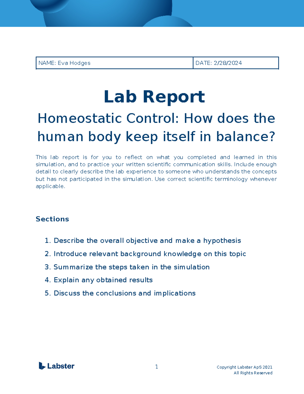 Lab Report Homeostatic Control How does the human body keep itself in ...