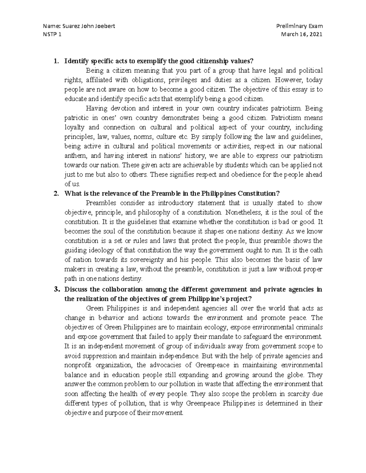 Identify specific acts to exemplify the good citizenship values - Name: Suarez John Joebert ...