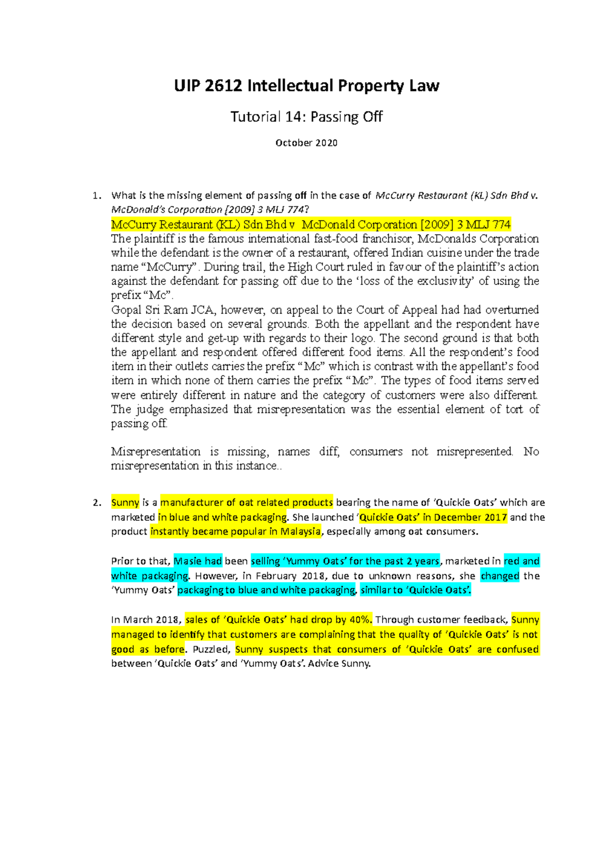 Tutorial Question - Passing OFF - UIP 2612 Intellectual Property Law ...