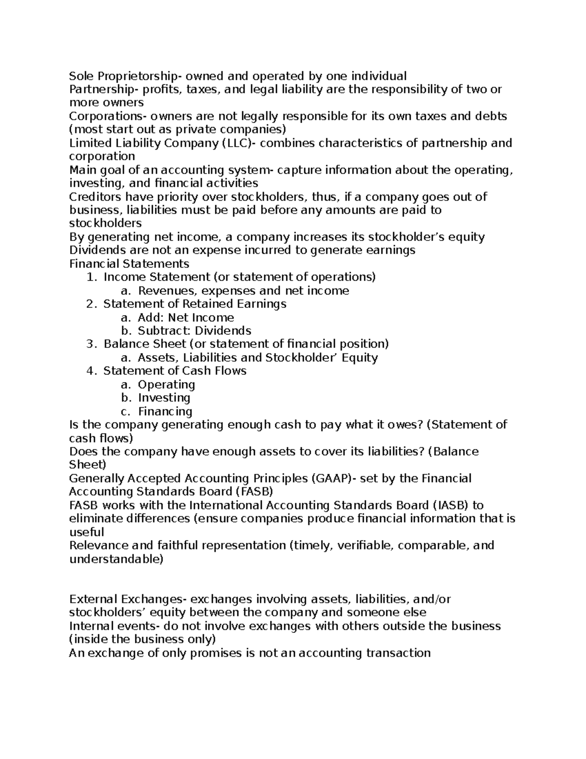 Acct 1 Exam 1 - Summary Accounting I - Sole Proprietorship- owned and ...