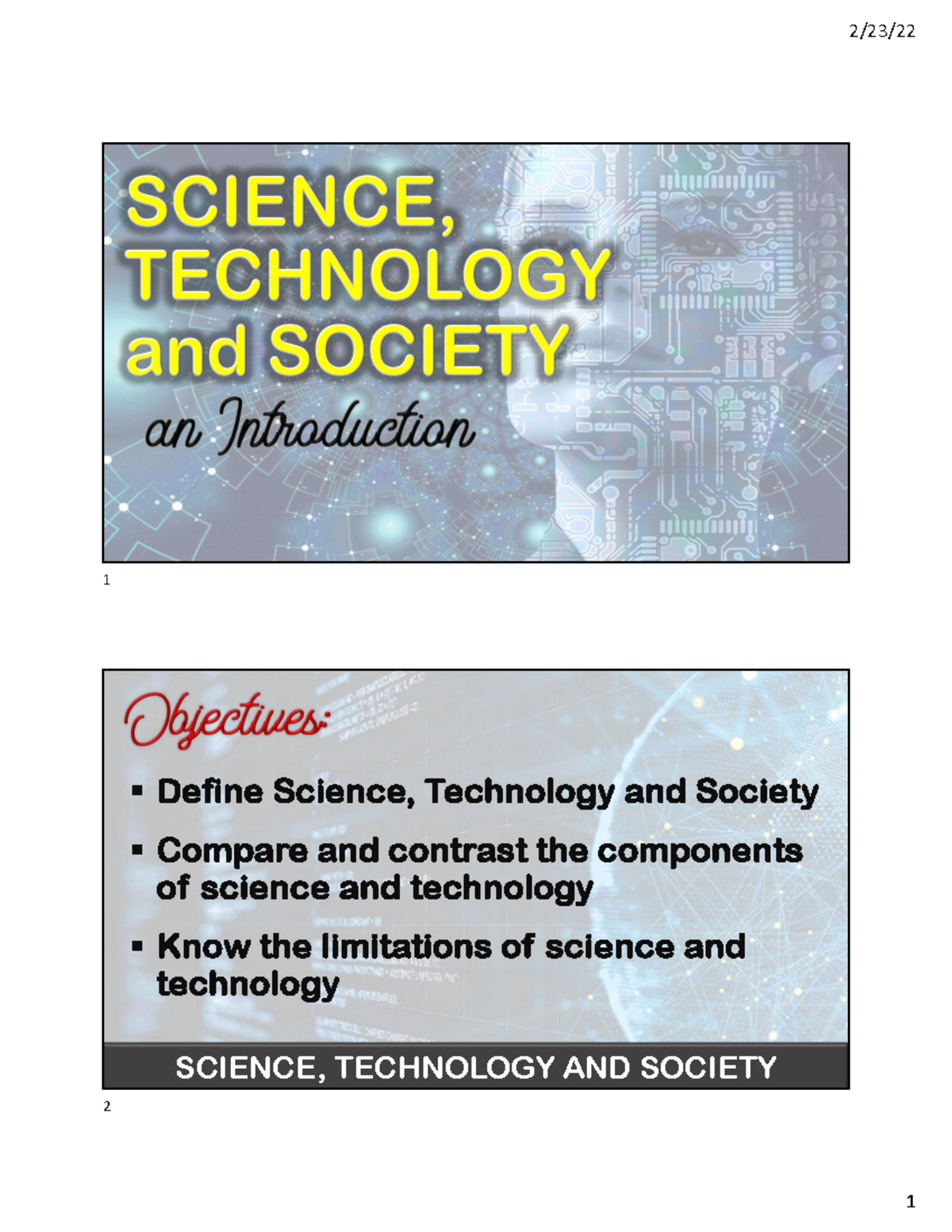 1. Introduction TO STAS - 1 SCIENCE, TECHNOLOGY AND SOCIETY § Define ...