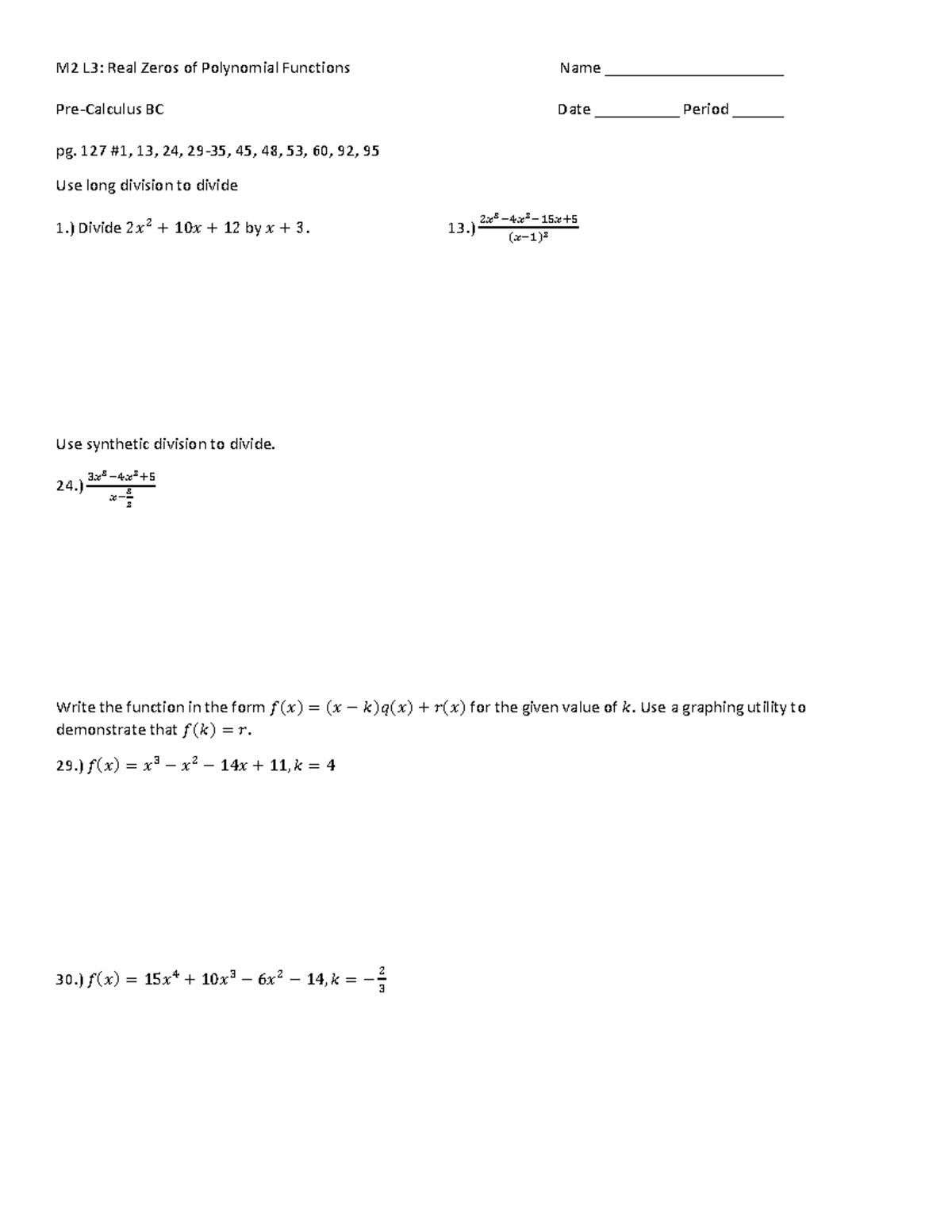 M2L3 HW - precalculus - Pre-Calculus BC Date __________ Period ...