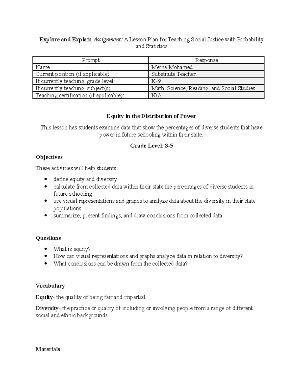 Explore and Explain Assignment A Lesson Plan for Probability and ...