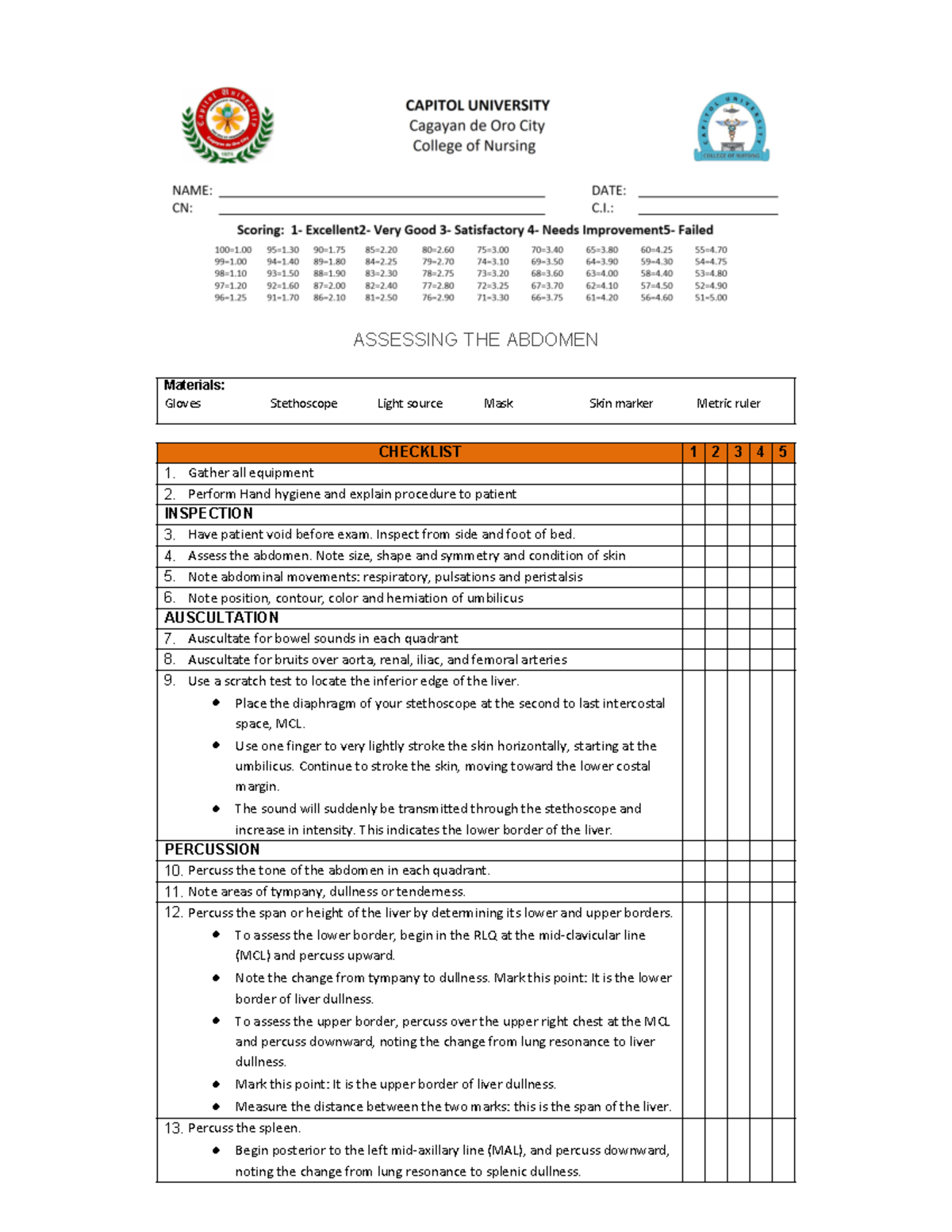 Abdomen - return demonstration checklist - ASSESSING THE ABDOMEN ...