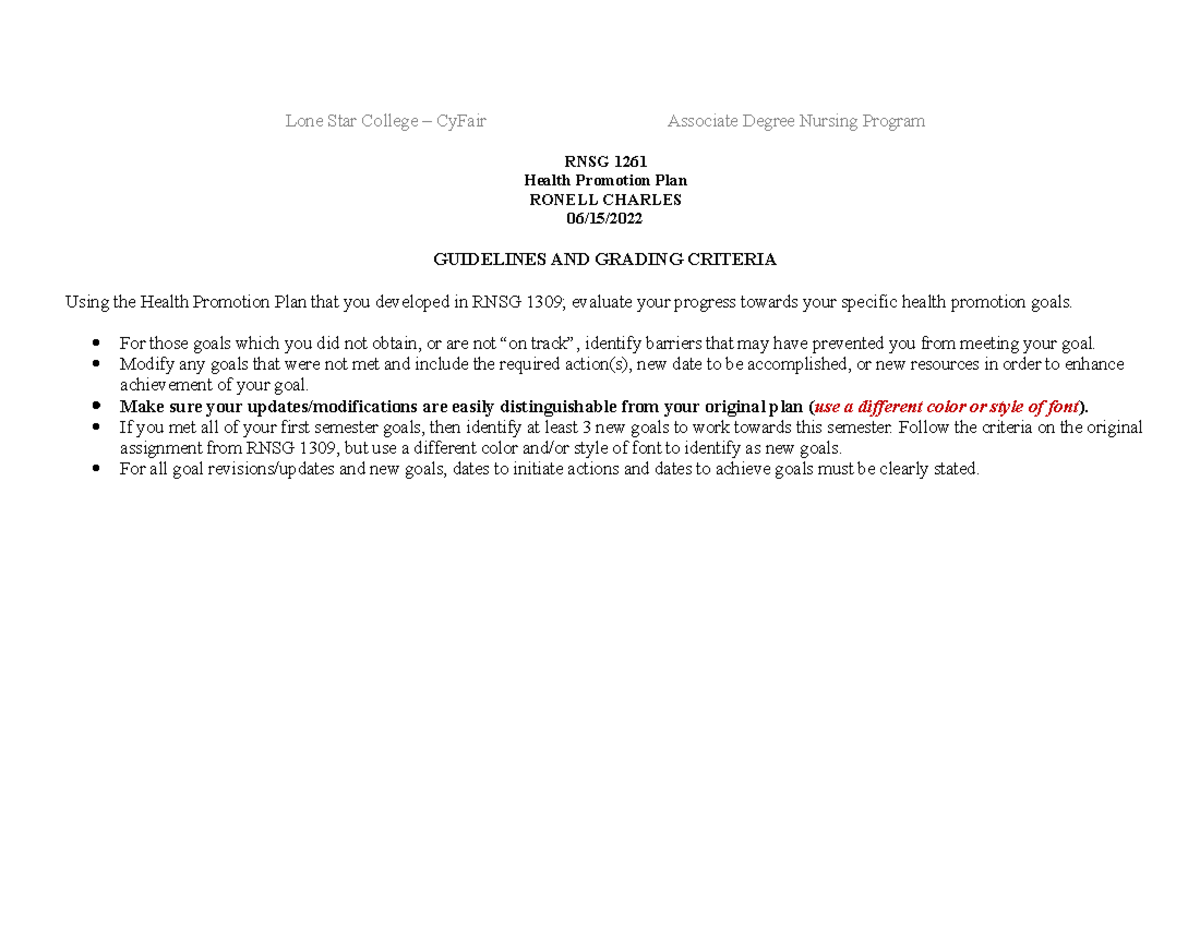 Ronell Charles Health Promotion Plan Criteria 1261 - Lone Star College ...
