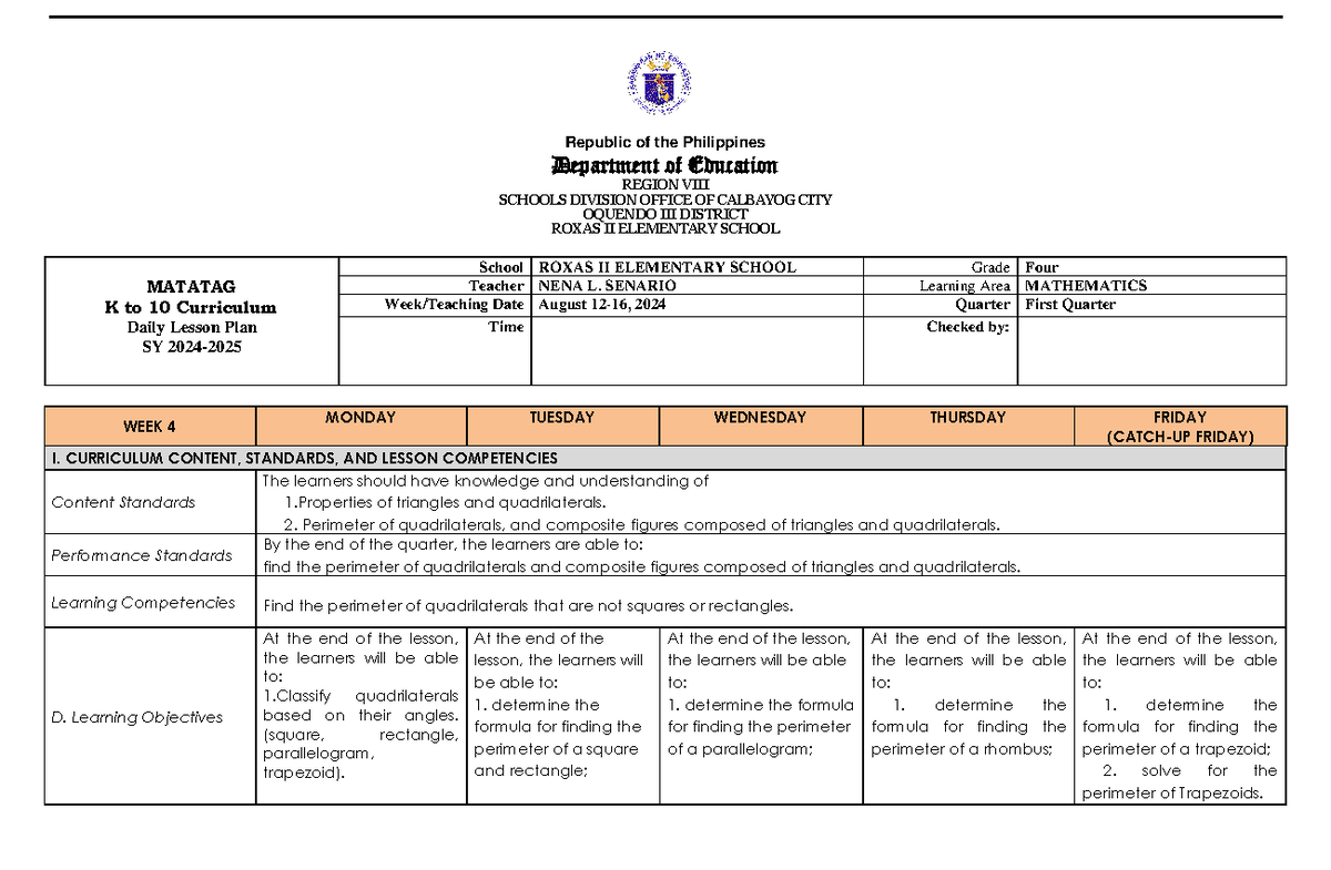 DLL Matatag MATH 4 Q1 WEEK 4 - Republic of the Philippines Department ...