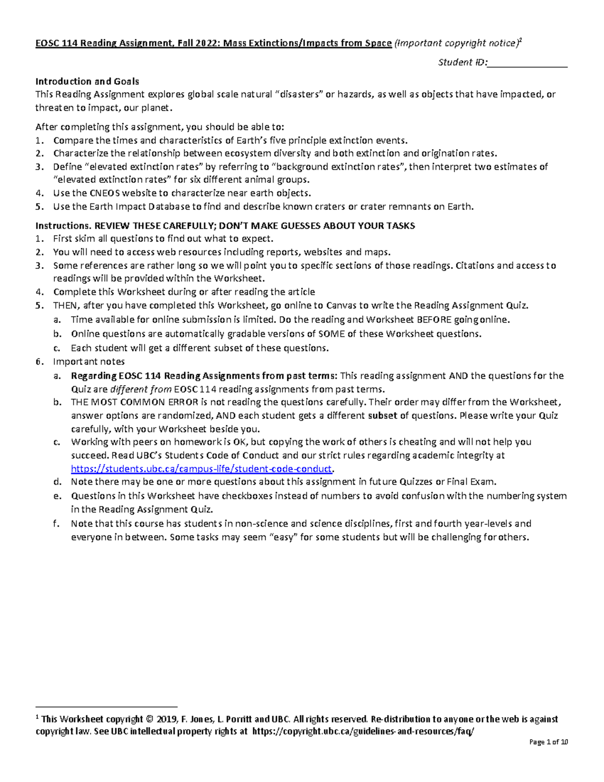 Homework worksheet - extinction - EOSC 114 Reading Assignment, Fall ...