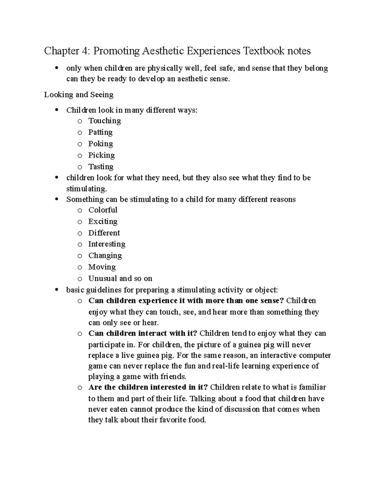 Chapter 4 textbook notes - Chapter 4: Promoting Aesthetic Experiences ...