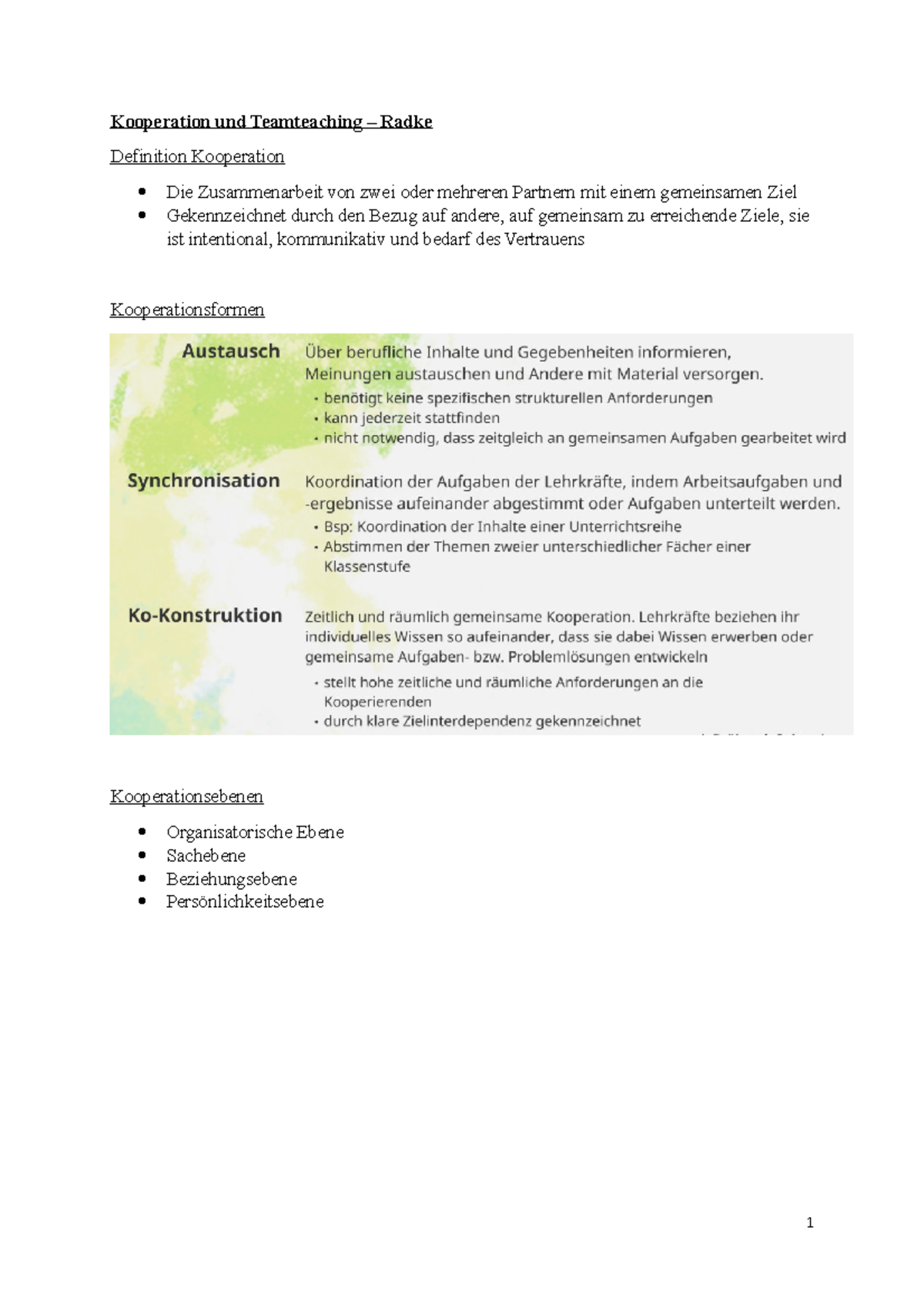 Lernzettel - Kooperation und Teamteaching - Kooperation, Beratung und ...