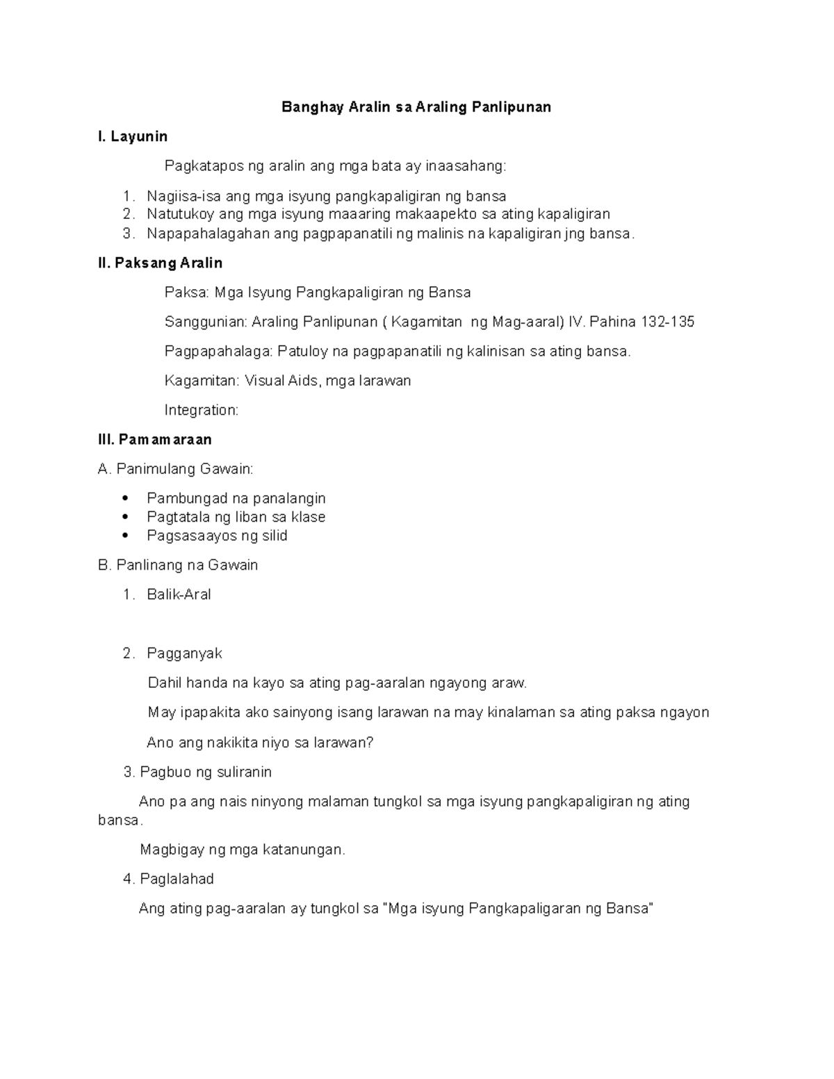Lesson plan - Banghay Aralin sa Araling Panlipunan I. Layunin ...