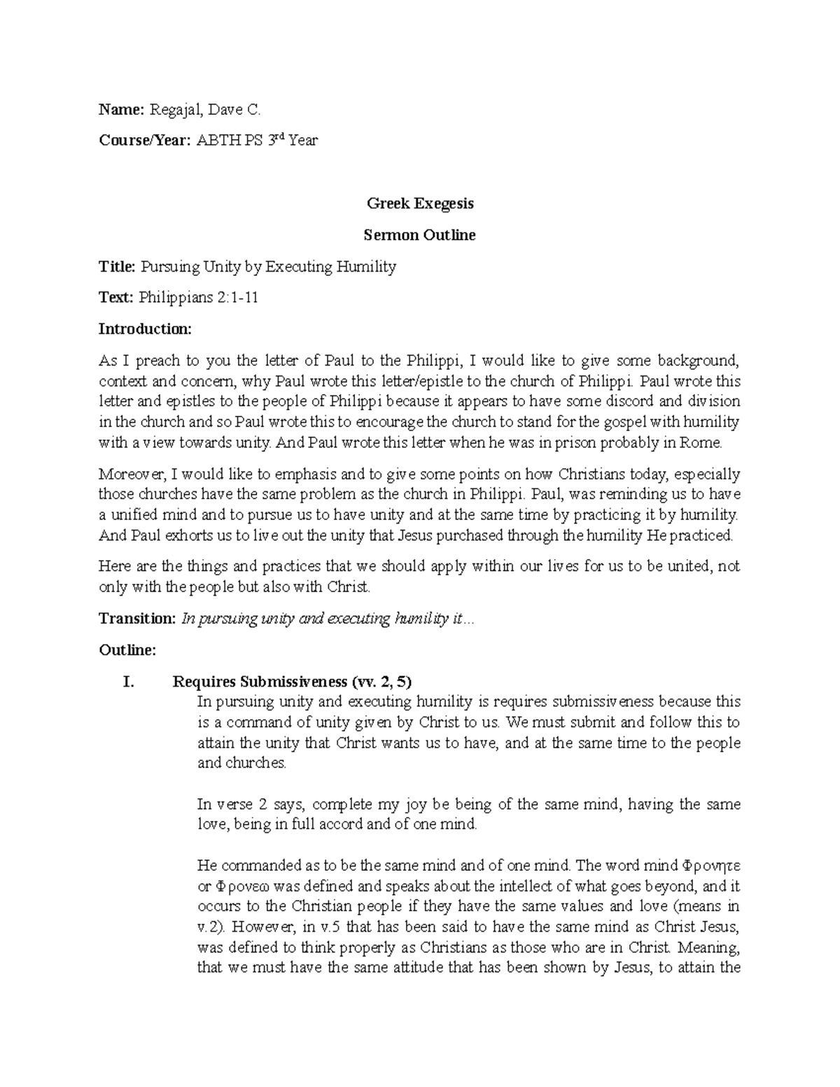 Sermon Outline Greek Exegesis Regajal Dave C - Name: Regajal, Dave C ...