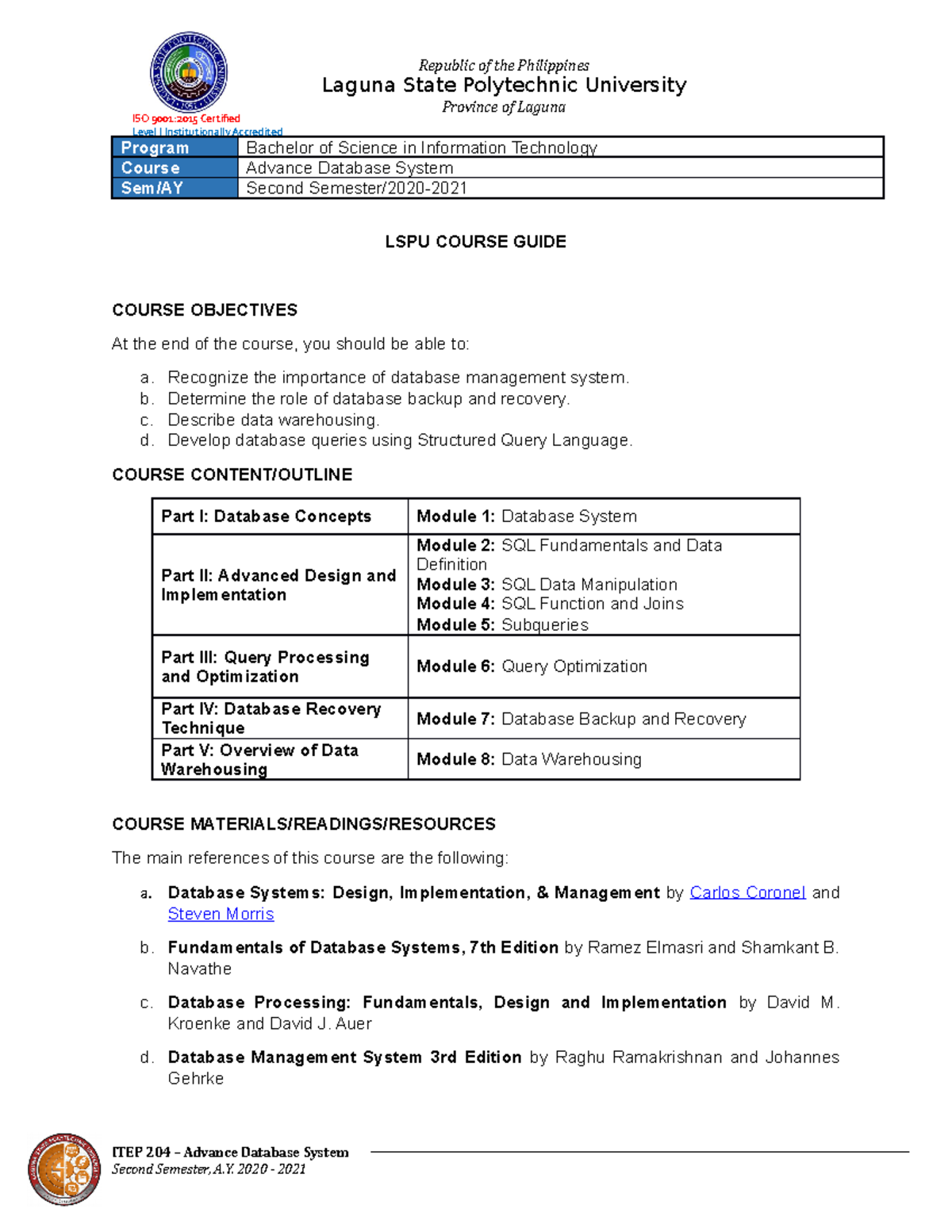 ITEP 204 Course Guide - Final-assessment-03 - ISO 9001:2015 Certified ...