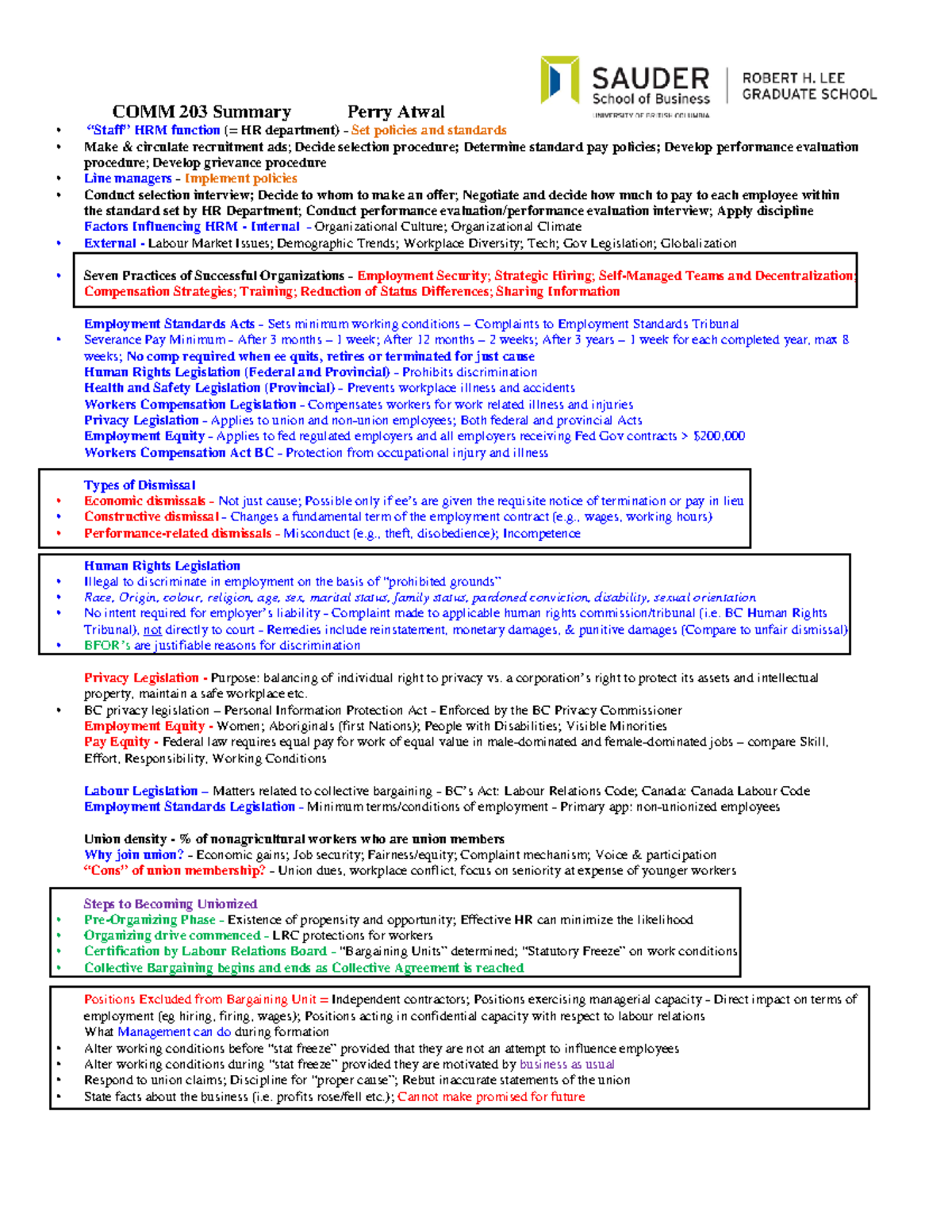 Comm 203 1 Page Summary - COMM 203 Summary Perry Atwal “Staff” HRM ...